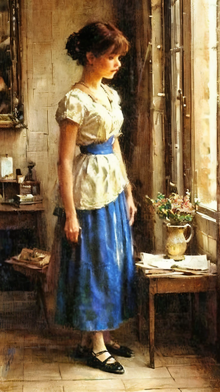 Painting of a woman standing in a room with a vase of flowers - SeaArt AI