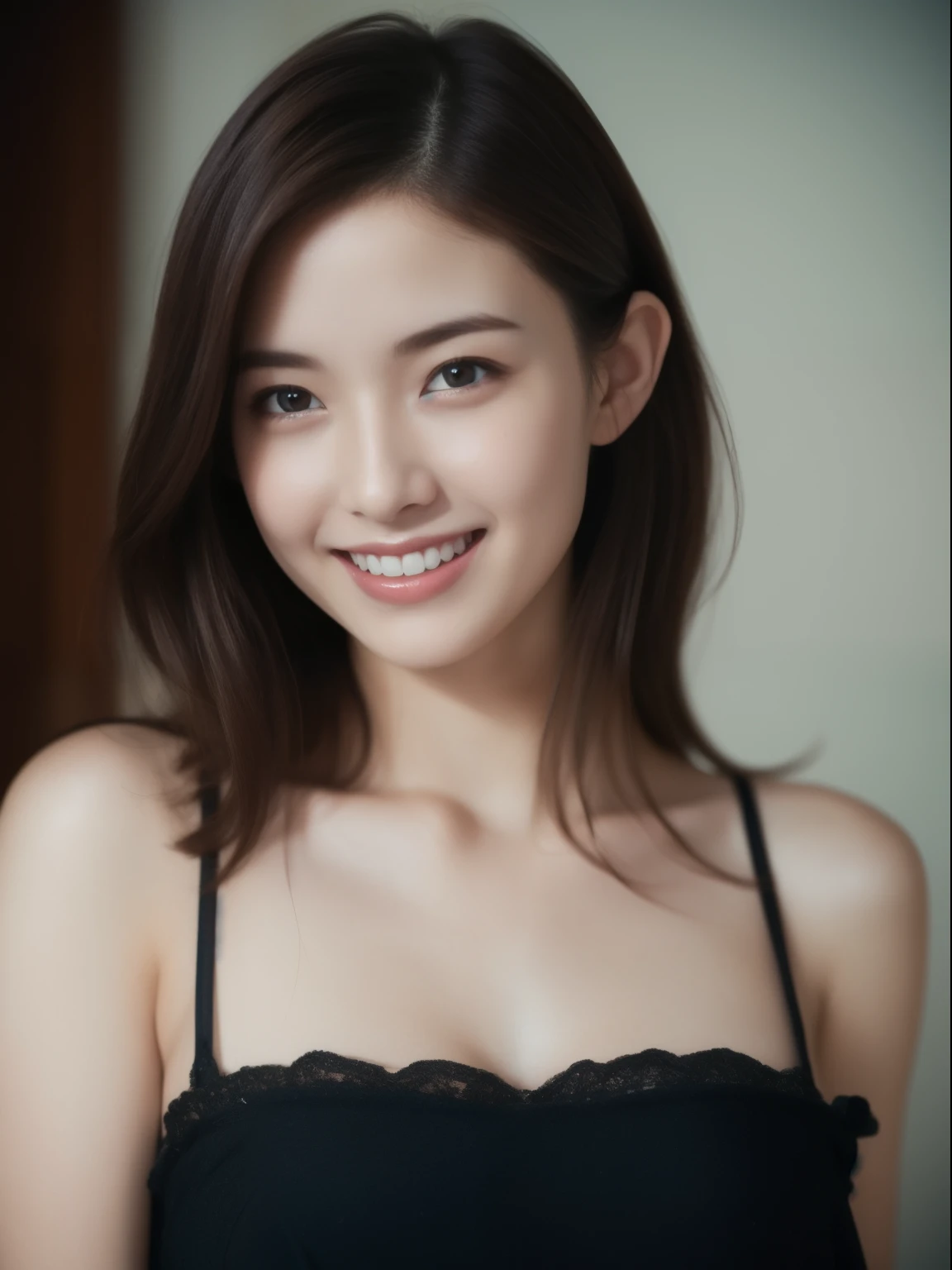 A close up of a woman in a black bra top smiling - SeaArt AI