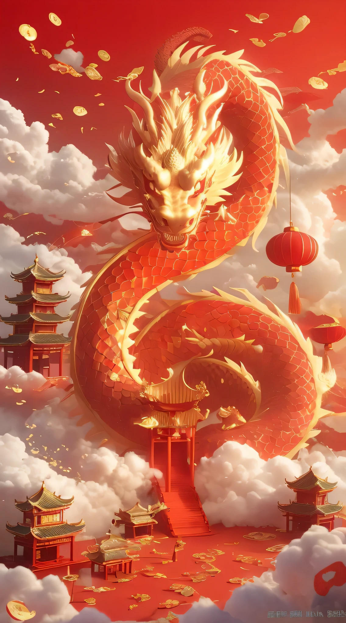 A red dragon is flying over a red building with clouds - SeaArt AI