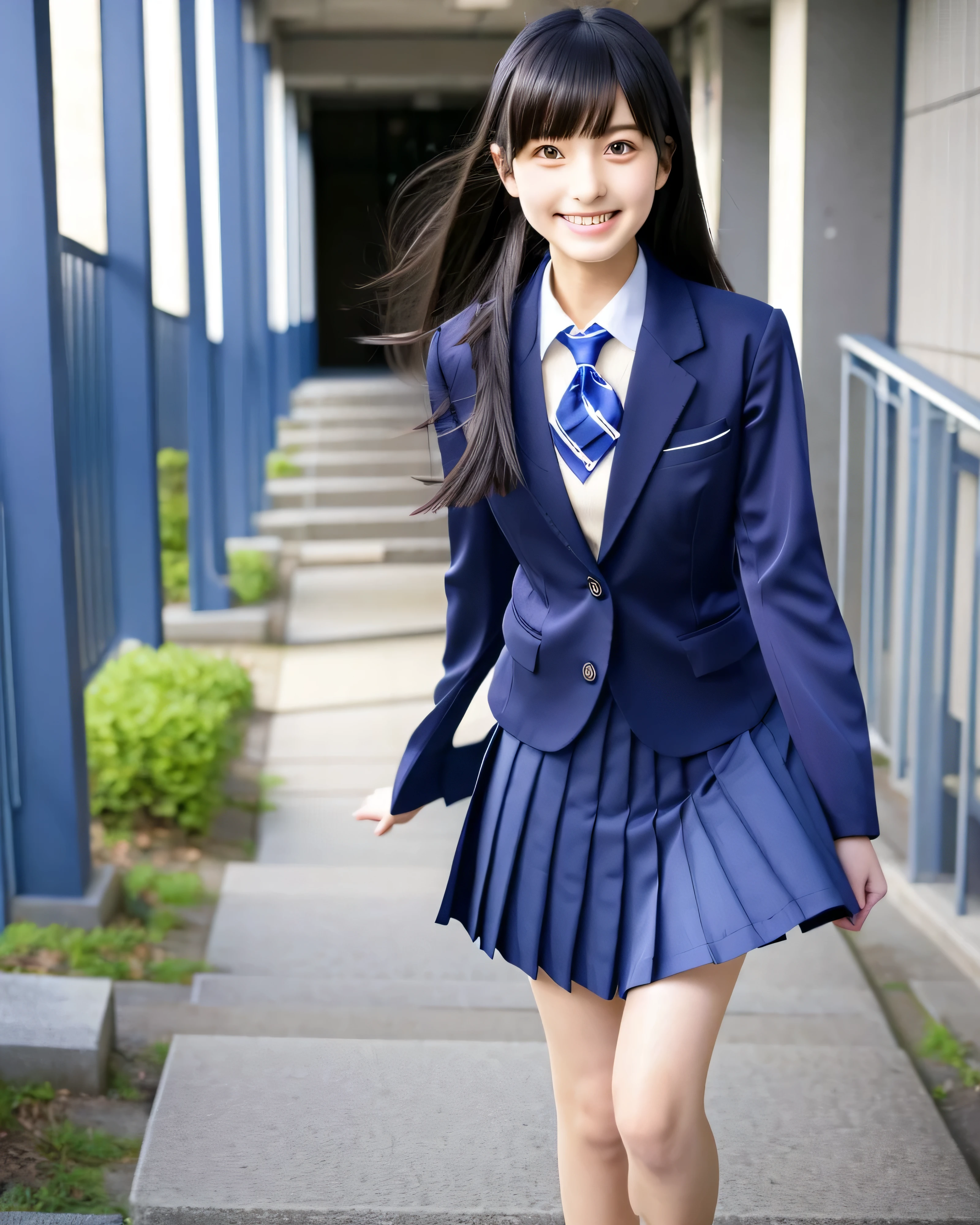 Arafed asian woman in a blue school uniform walking down a flight of ...