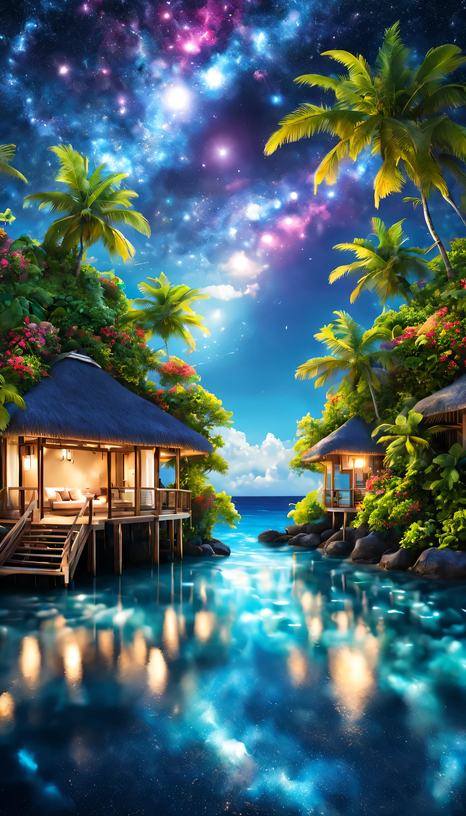 A painting of a tropical resort with a water way and a night sky ...