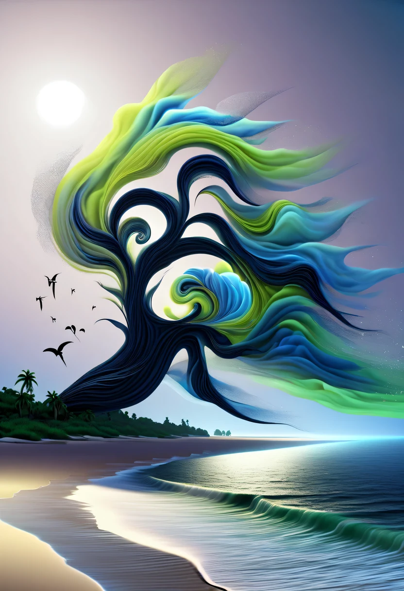 Painting of a tree with a colorful swirl on the beach - SeaArt AI