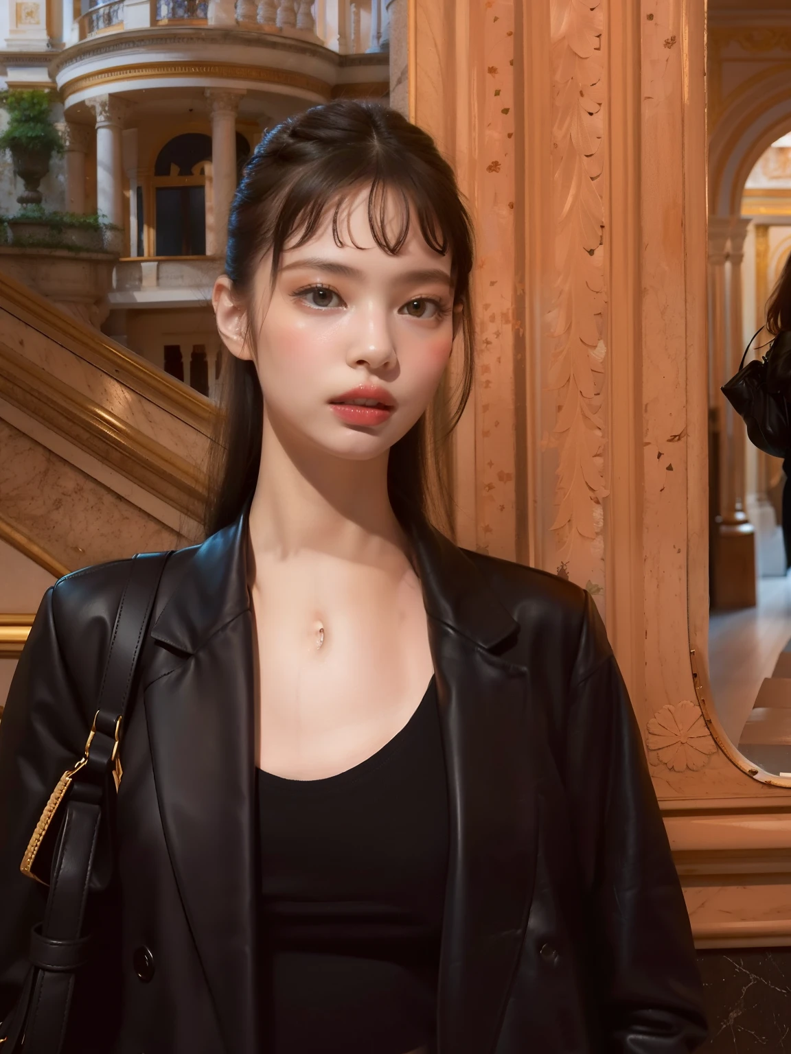 Araffe woman in black jacket standing in front of a mirror - SeaArt AI