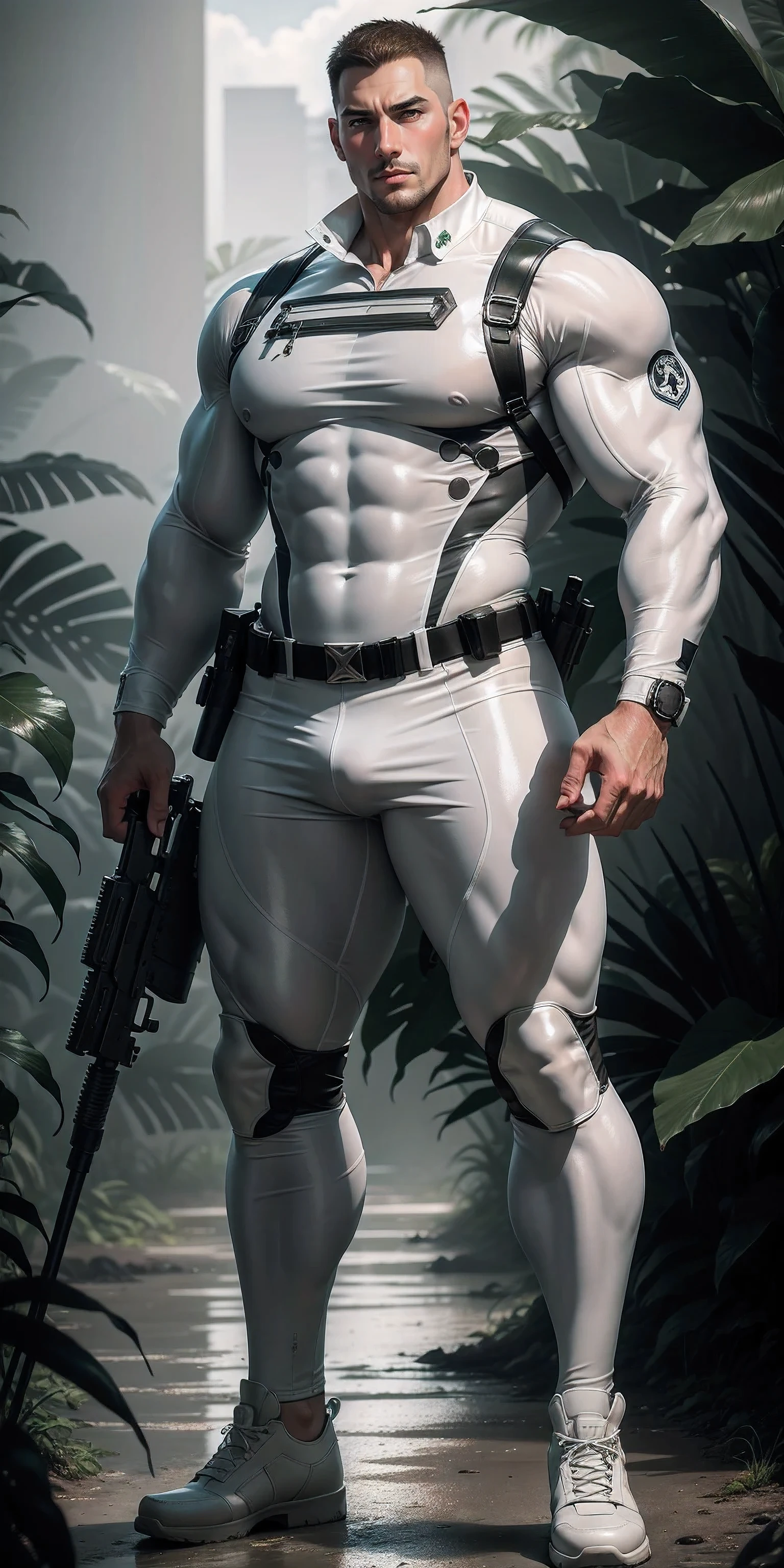 A man in a white suit holding a gun and standing in a jungle - SeaArt AI
