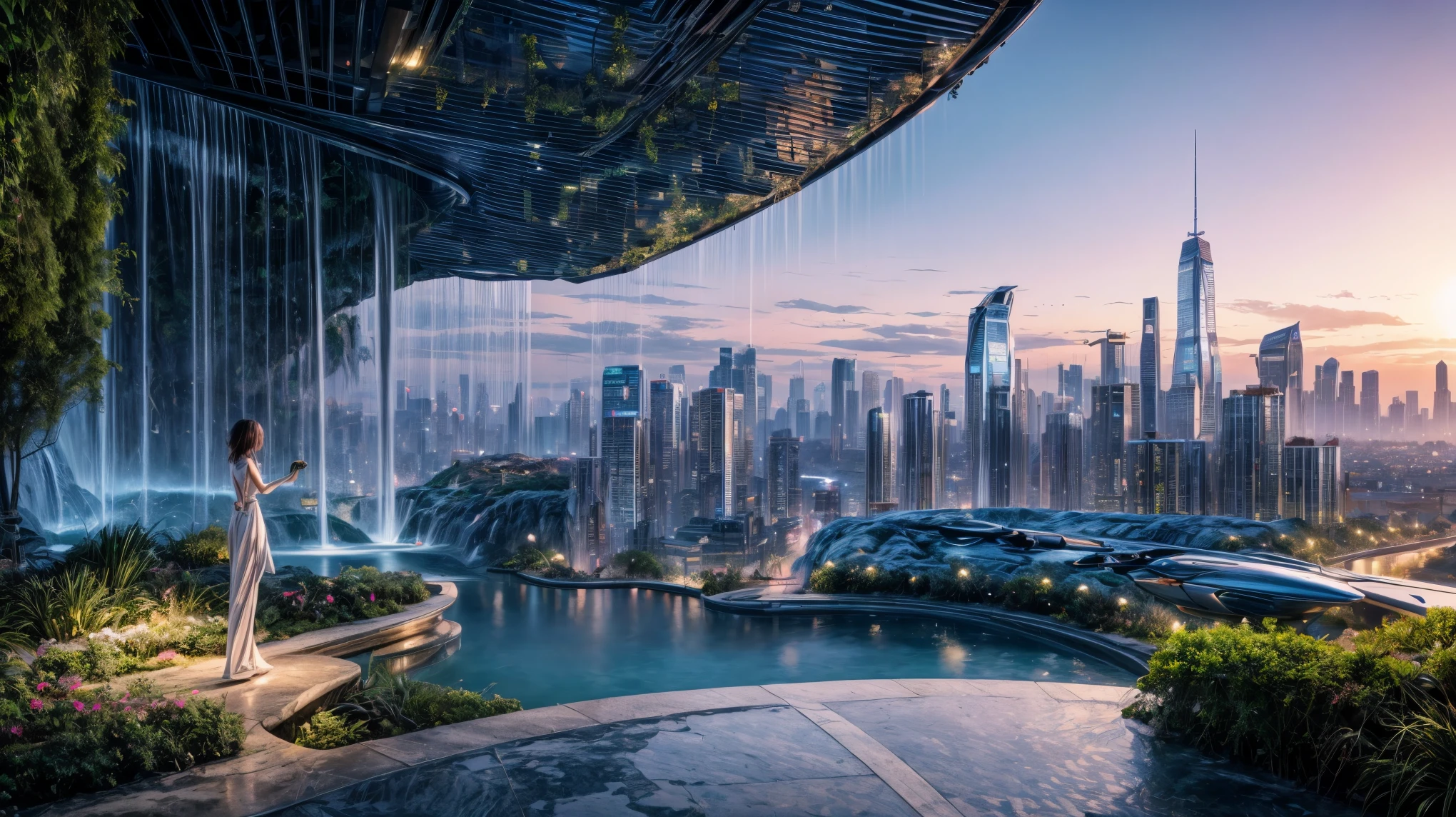 A woman standing on a ledge looking at a city skyline - SeaArt AI