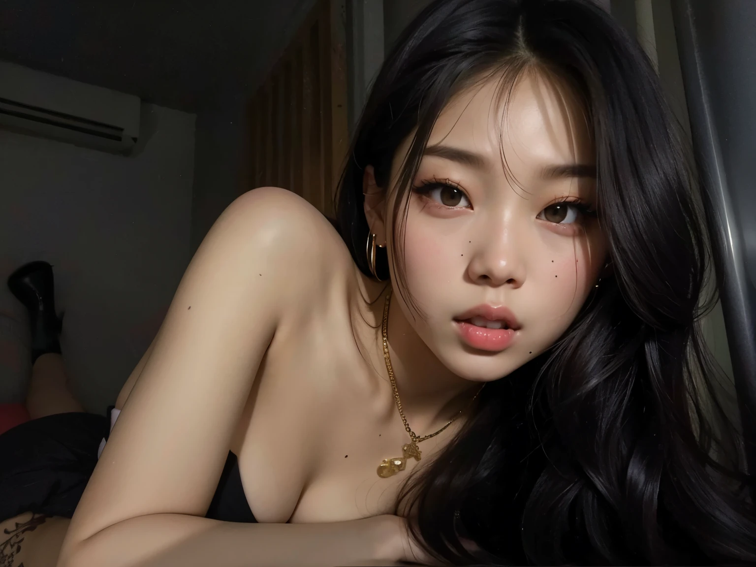 A close up of a woman laying on a bed with a black bra - SeaArt AI