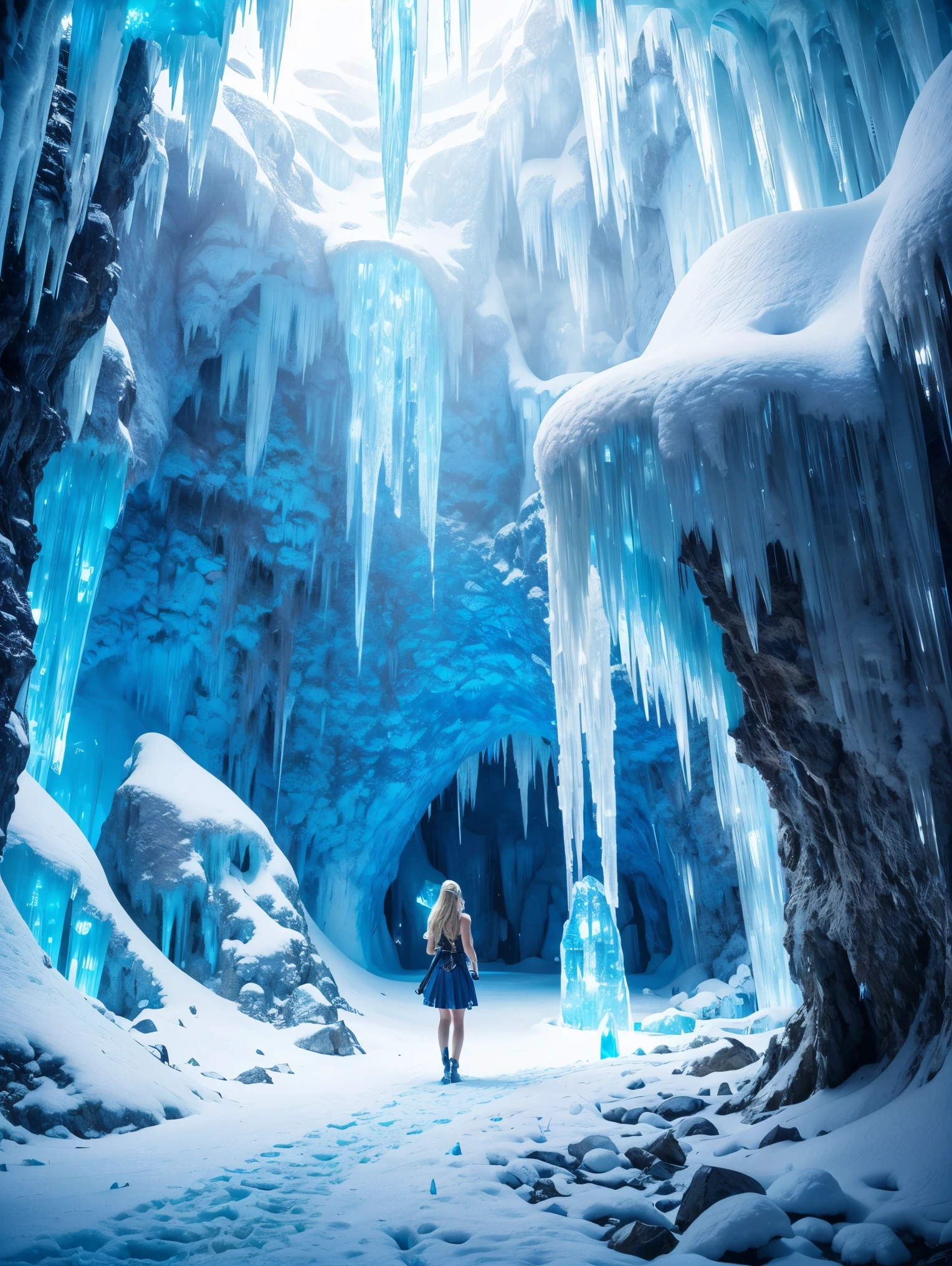 A woman standing in a cave with ice formations and snow - SeaArt AI