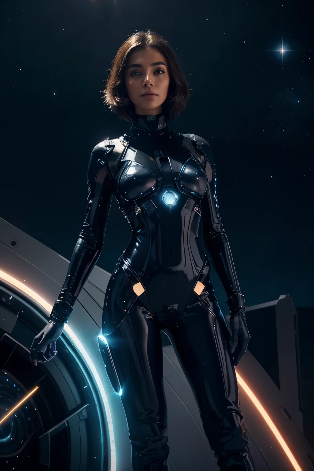 A woman in a black suit standing in front of a spaceship - SeaArt AI