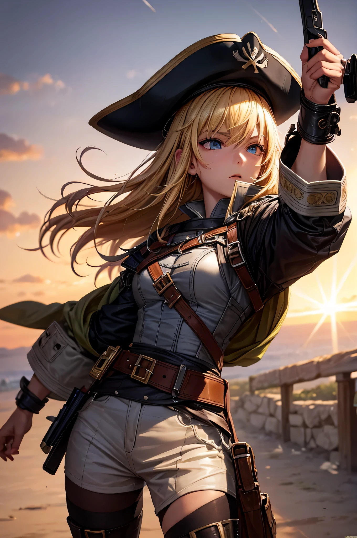 A woman in a pirate hat holding a gun and a gun - SeaArt AI