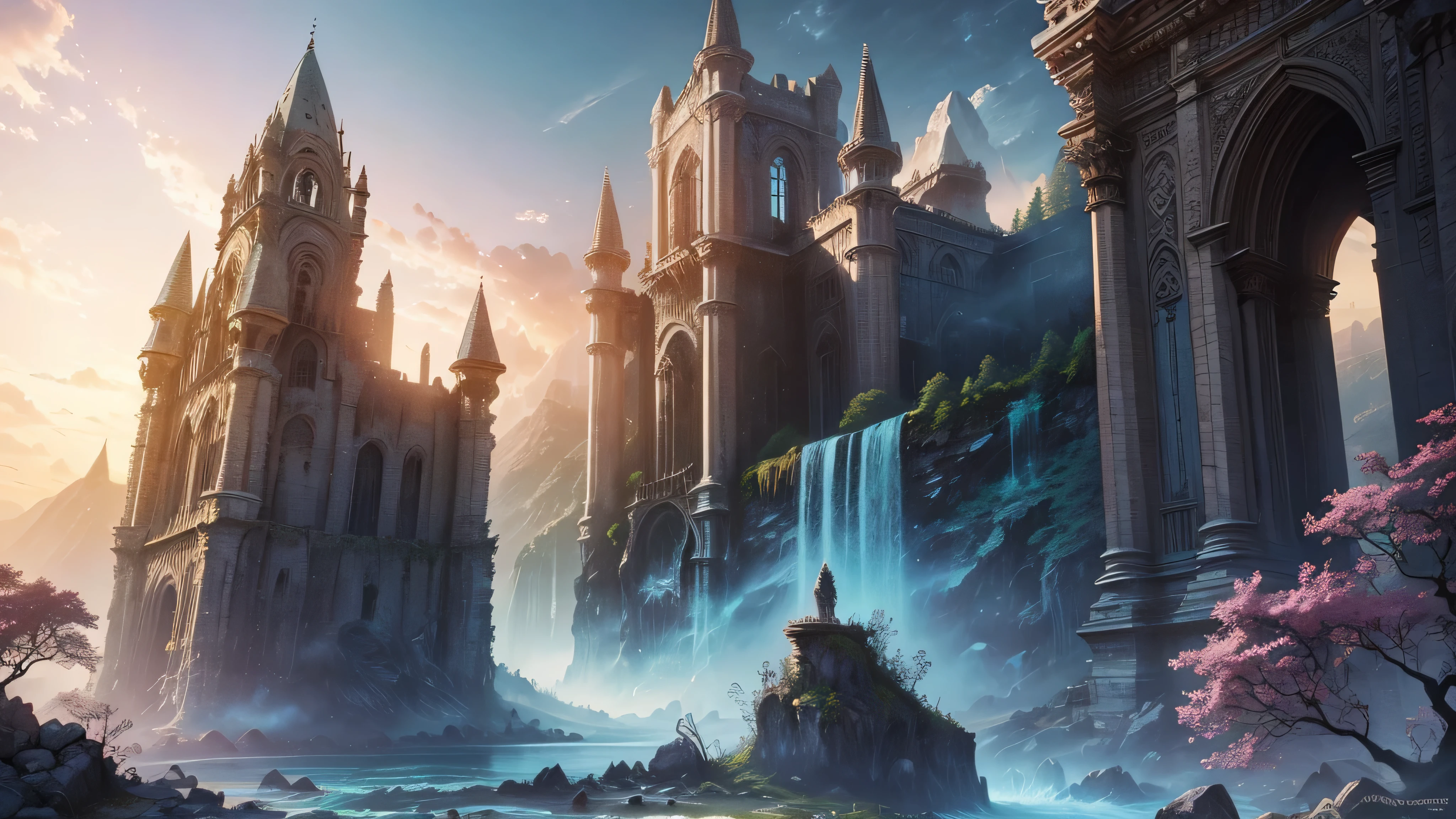 A close up of a castle with a waterfall in the background - SeaArt AI