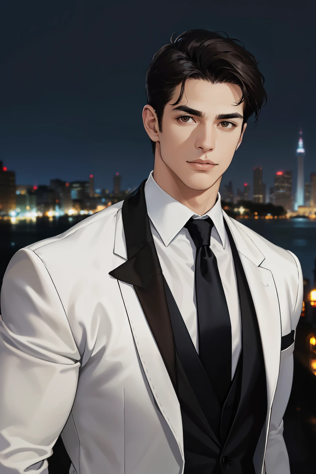 There is a man in a suit and tie standing in front of a city - SeaArt AI