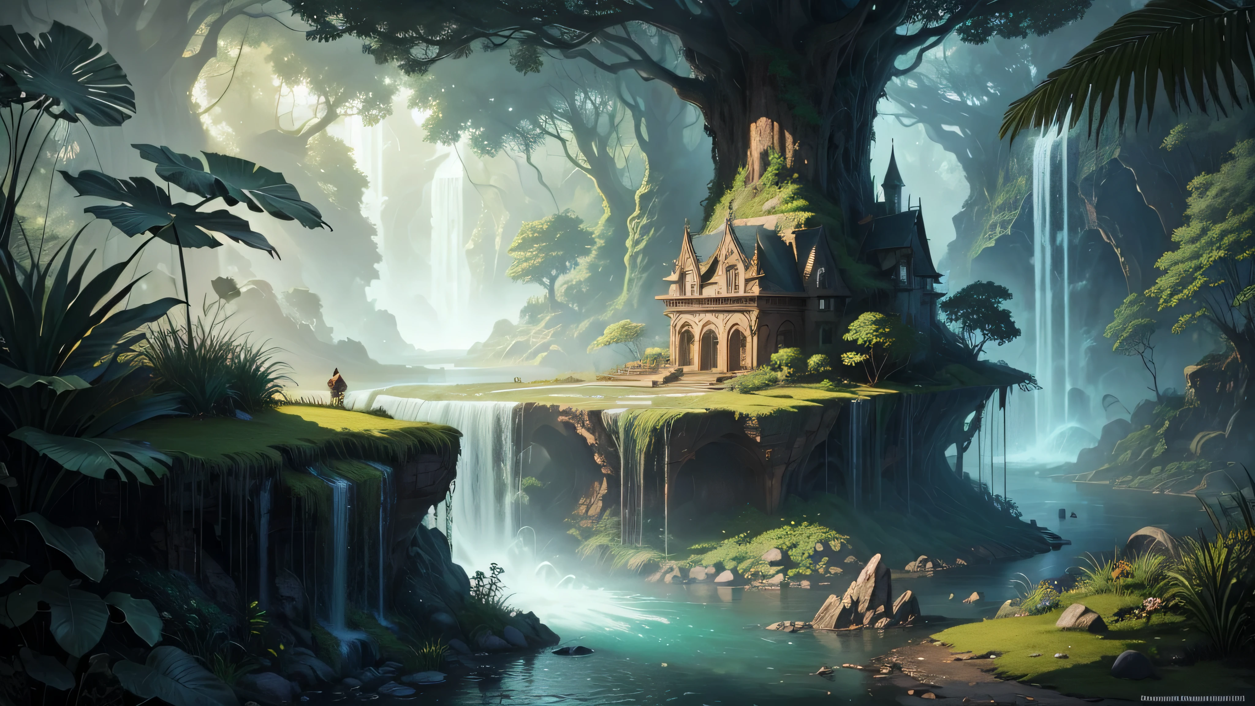 A painting of a castle in the middle of a forest - SeaArt AI
