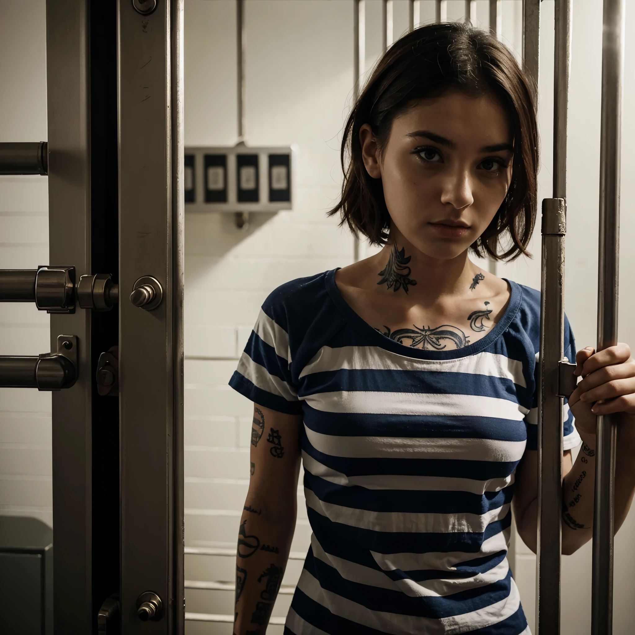 Arafed woman in a jail cell with a tattoo on her arm - SeaArt AI