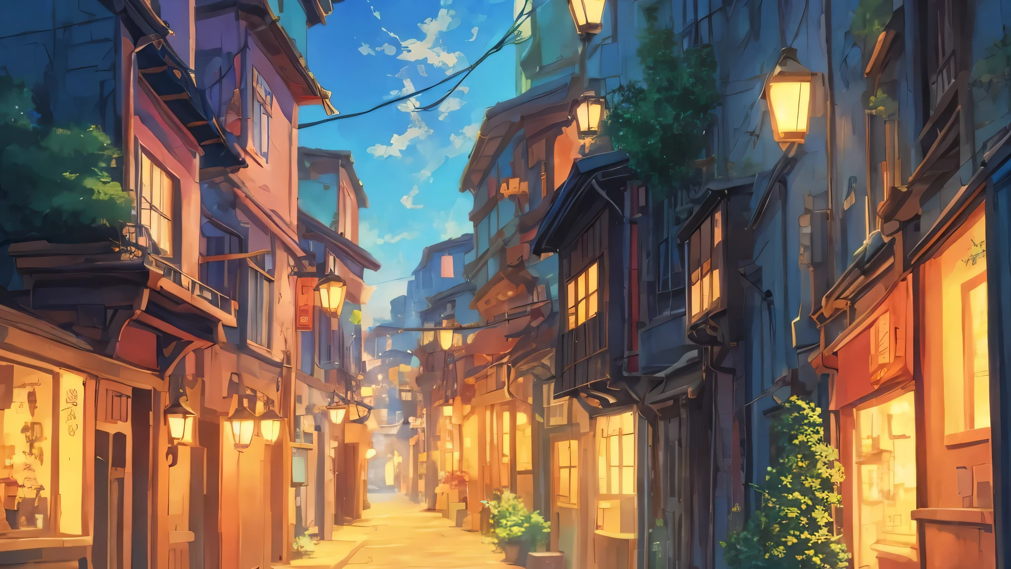 Anime city street scene with lanterns and buildings at night - SeaArt AI