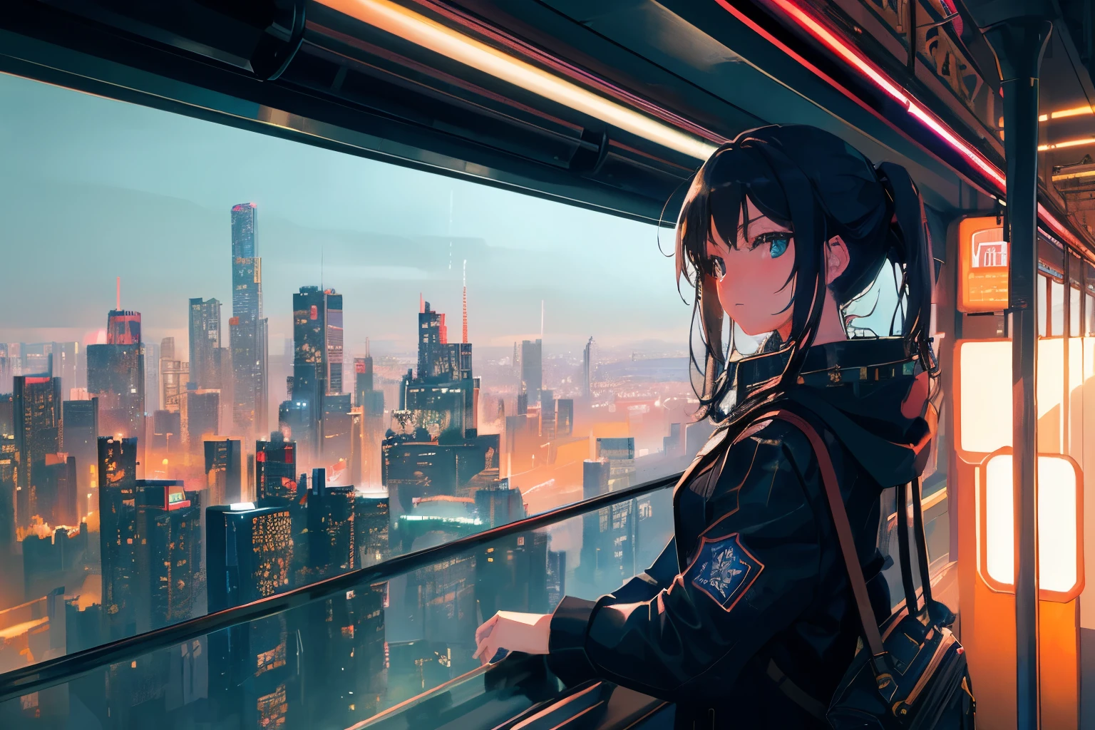 Anime girl looking out of a window at a city skyline - SeaArt AI