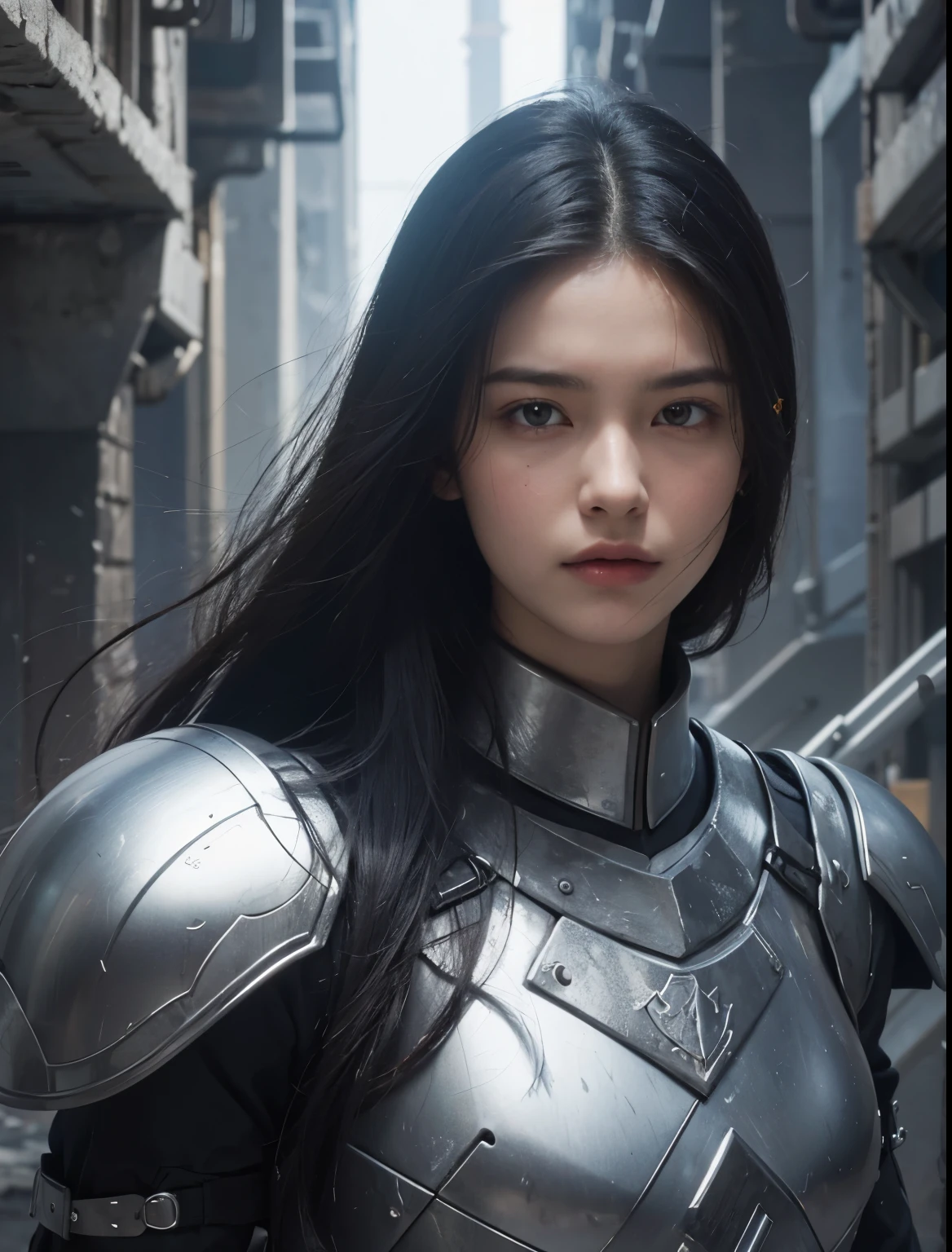 A close up of a woman in a armor suit standing in a city - SeaArt AI