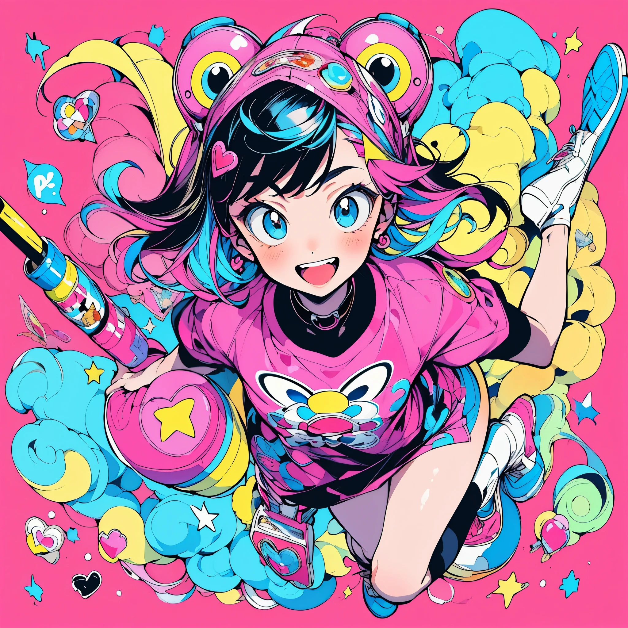 A cartoon girl with a pink shirt and a pink hat - SeaArt AI