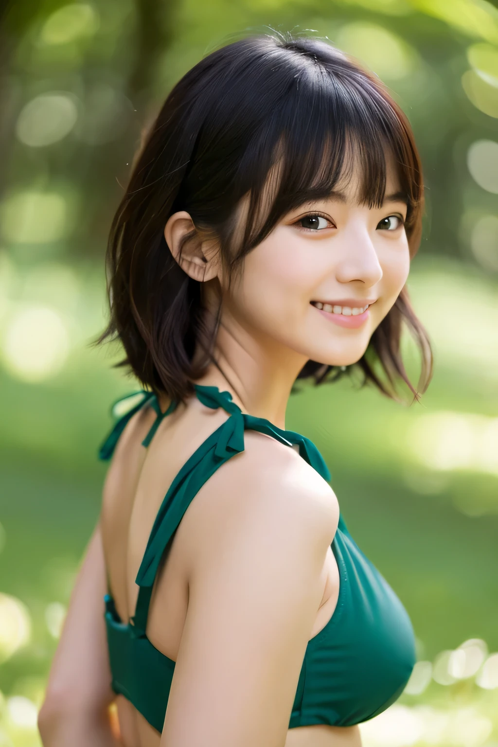 A close up of a woman in a green bikini posing for a picture - SeaArt AI