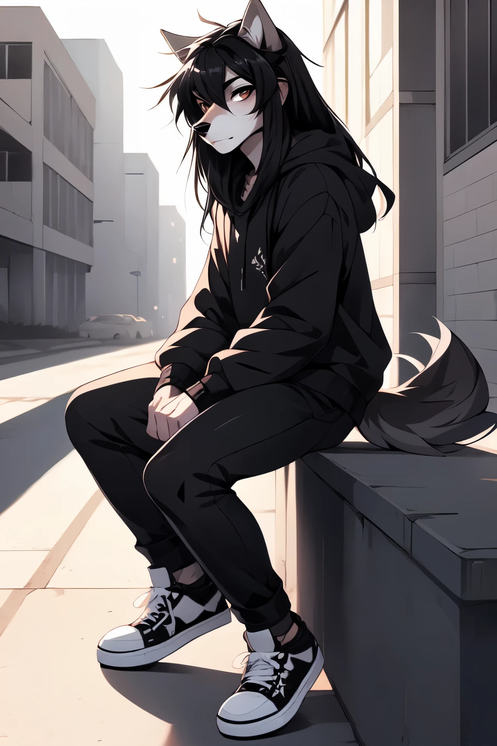 Anime boy with black hair and white mask sitting on ledge - SeaArt AI