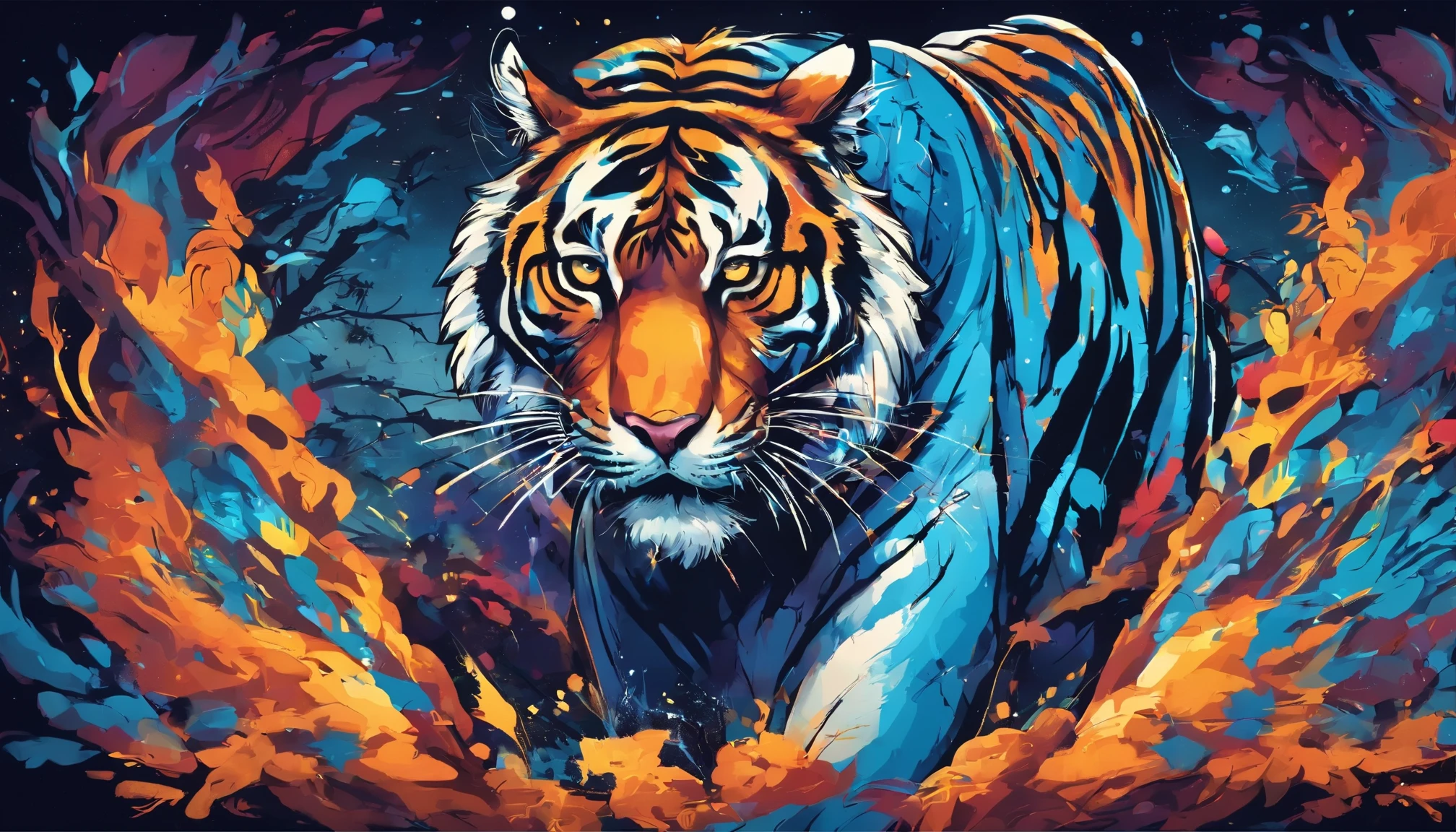 A close up of a tiger with a fire trail in its mouth - SeaArt AI