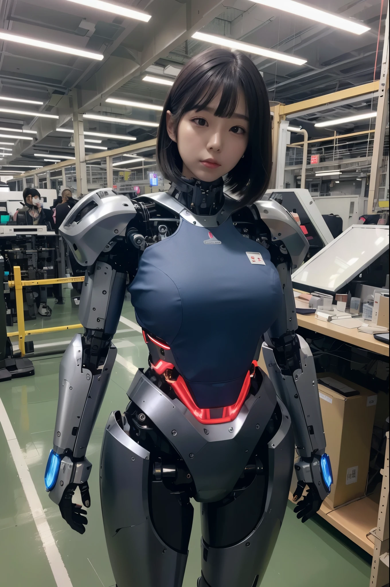 Eine Nahaufnahme einer Frau im Anzug, die in einer Fabrik steht - SeaArt AI