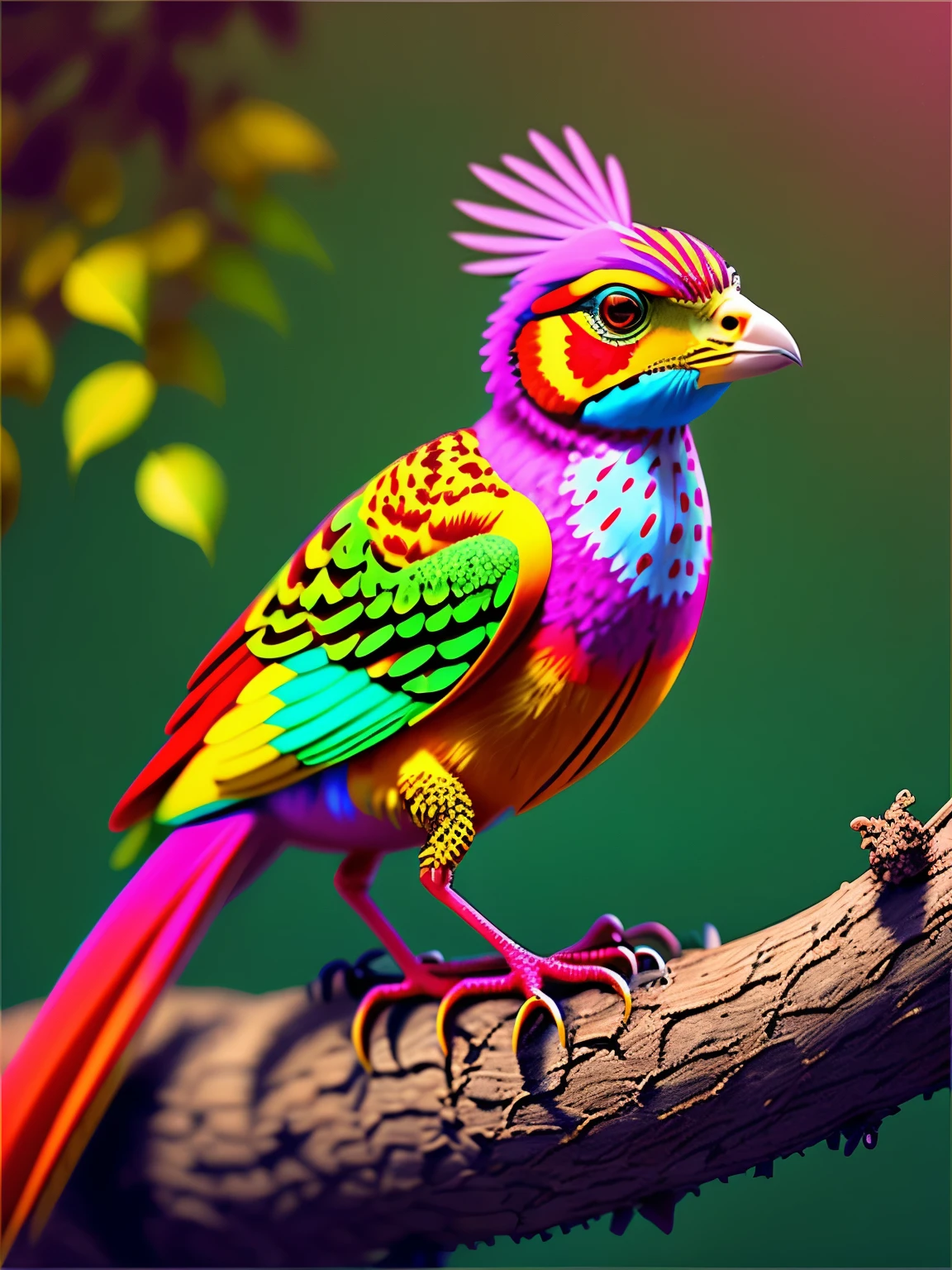 Brightly colored bird perched on a branch with green background - SeaArt AI