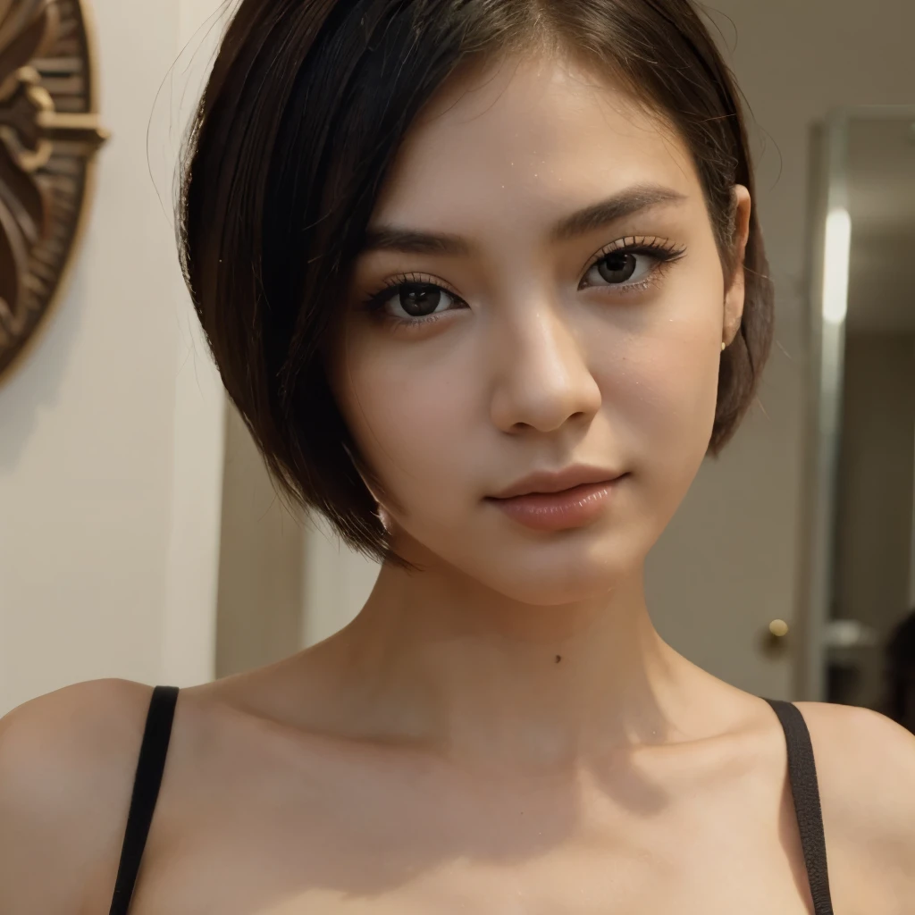 黒いブラトップを着た女性が写真のためにポーズをとっているクローズアップ - SeaArt AI