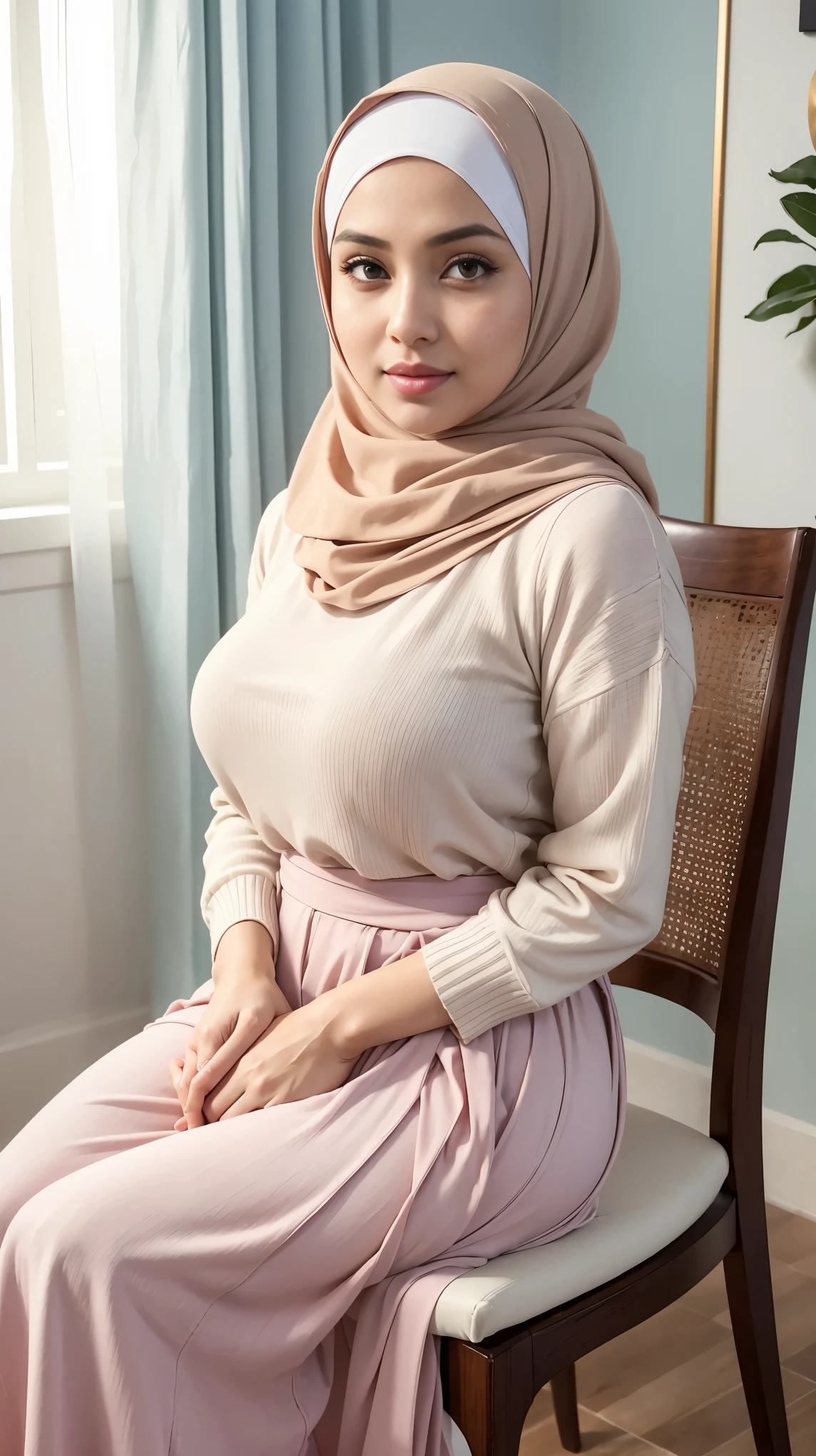 A woman in a pink dress sitting on a chair - SeaArt AI