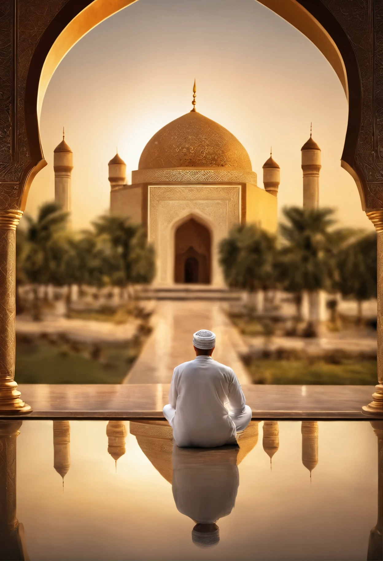 Arafed man sitting in front of a mosque looking out at the sunset ...