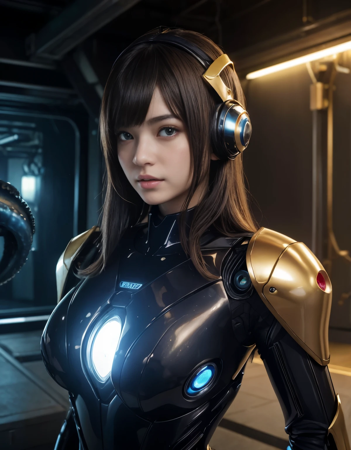 A woman in a black and gold suit with headphones on - SeaArt AI