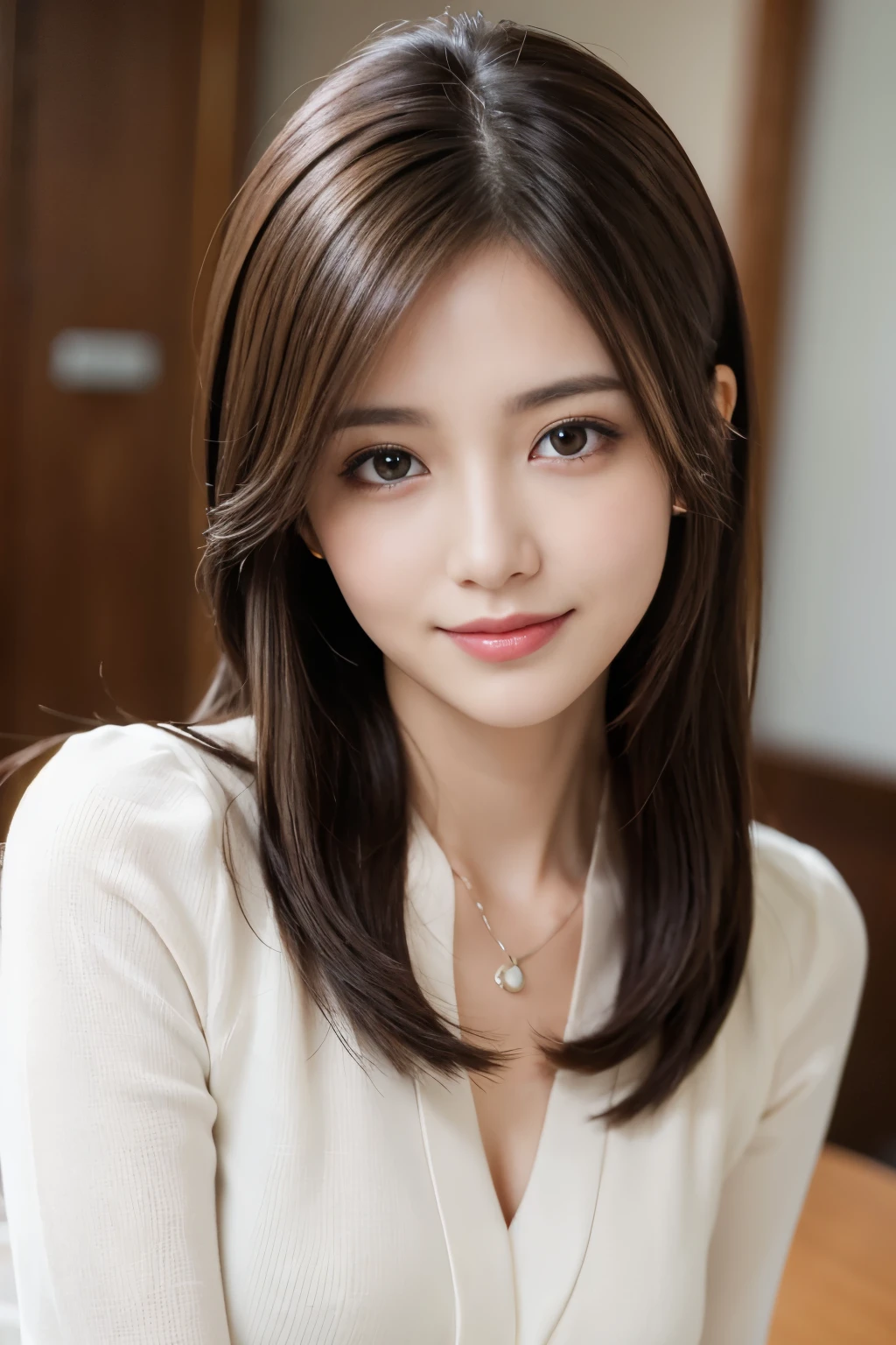 A woman with long hair and a white shirt posing for a picture - SeaArt AI