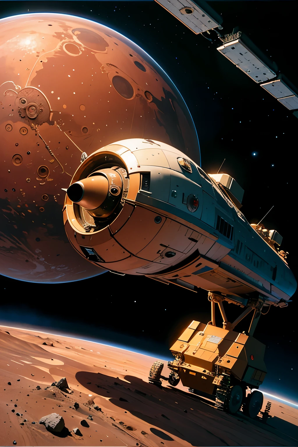 Spaceship flying over a planet with a red planet in the background ...