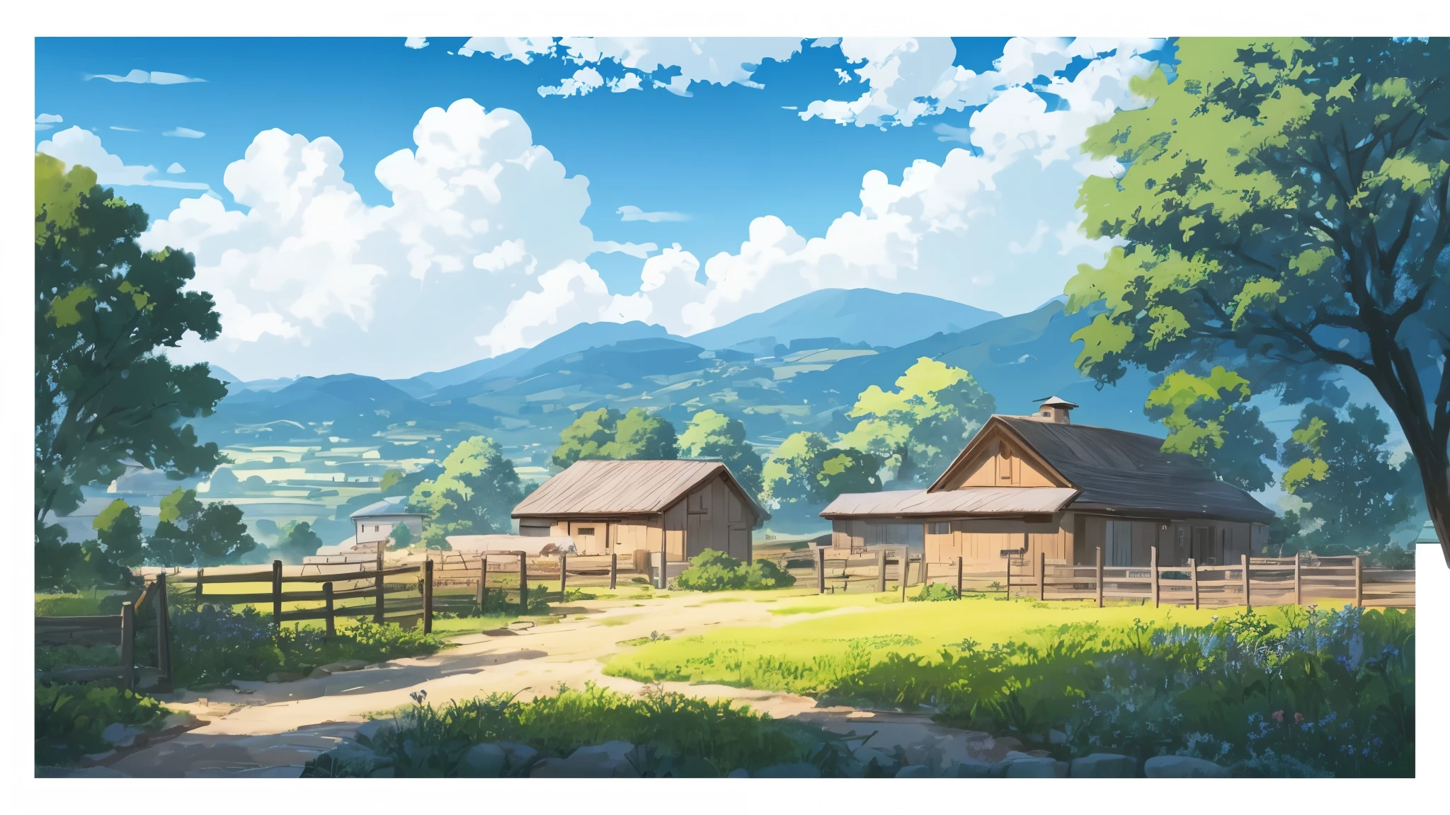 Painting of a farm scene with a fence and a dirt road - SeaArt AI