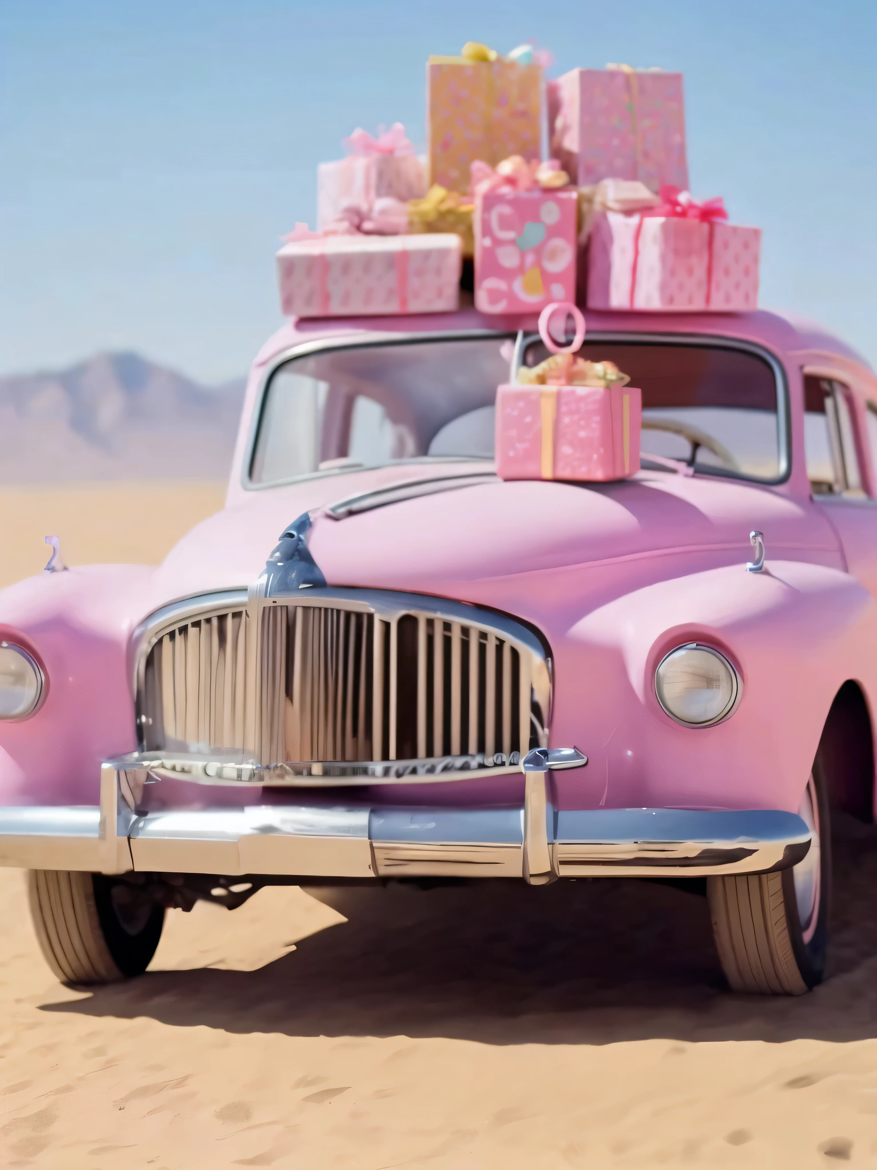 Pink car with presents on top of it in the desert - SeaArt AI