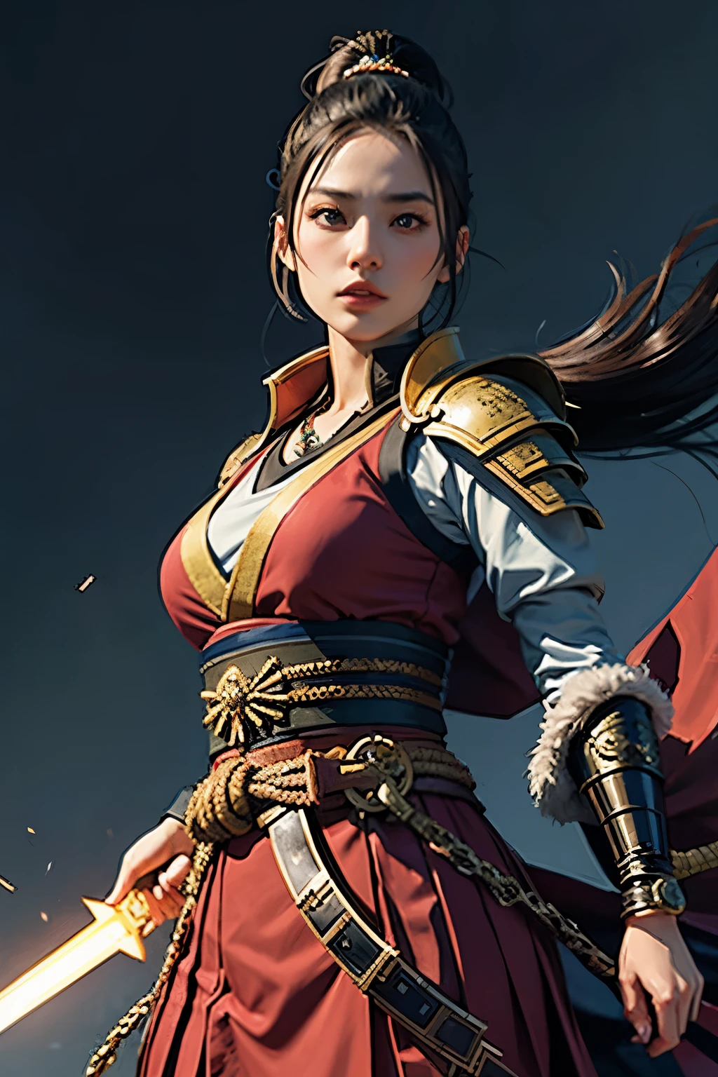 A woman in a red dress holding a sword and a sword - SeaArt AI