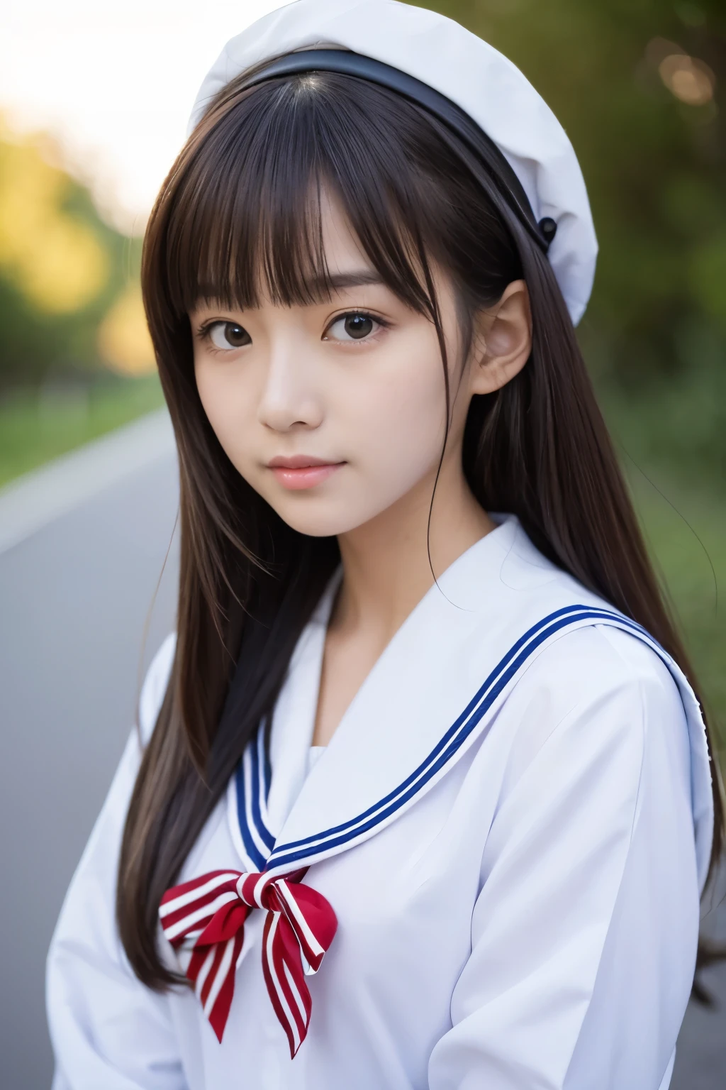 A close up of a woman wearing a sailor outfit and a hat - SeaArt AI