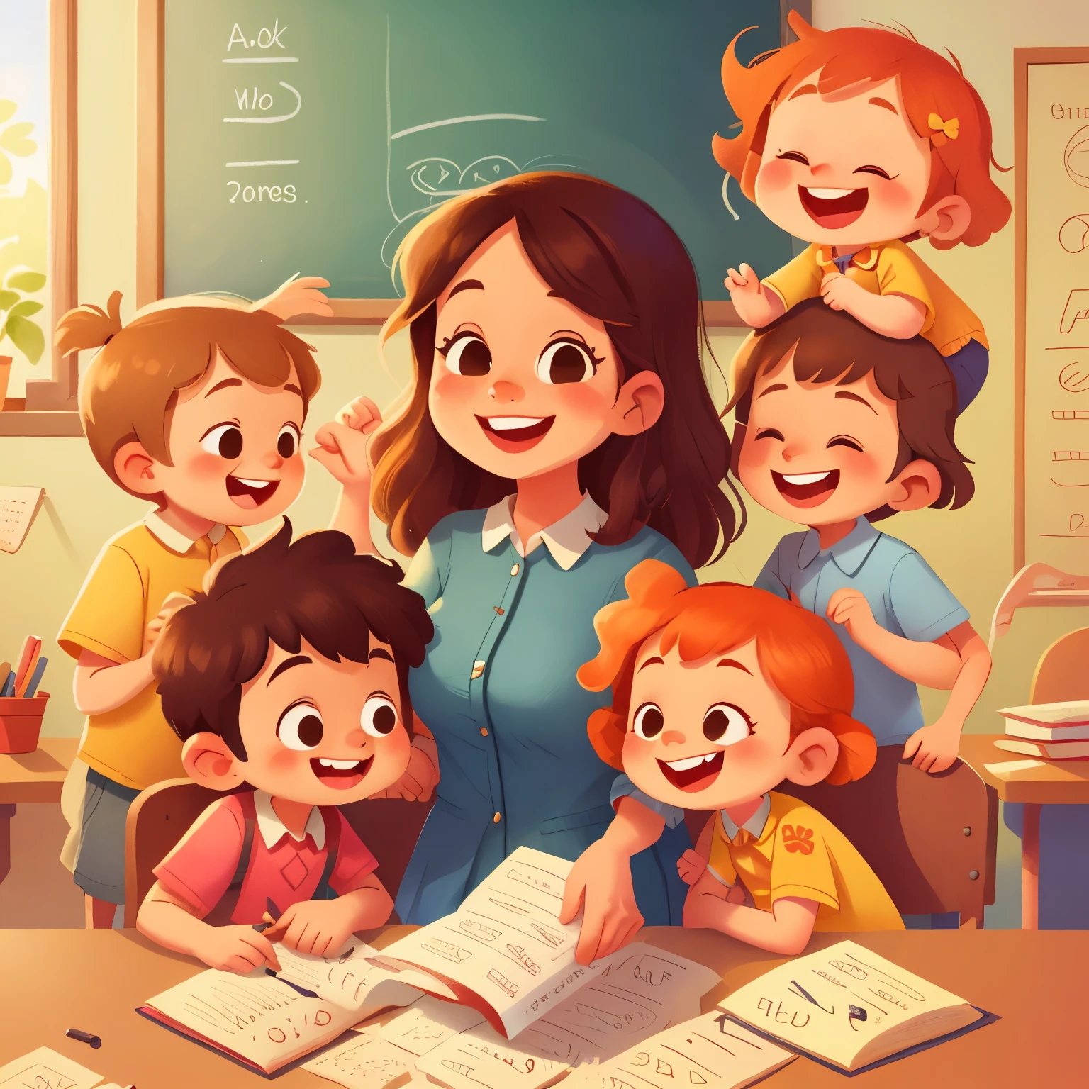Un dibujo animado de una maestra con sus alumnos en un aula. - SeaArt AI