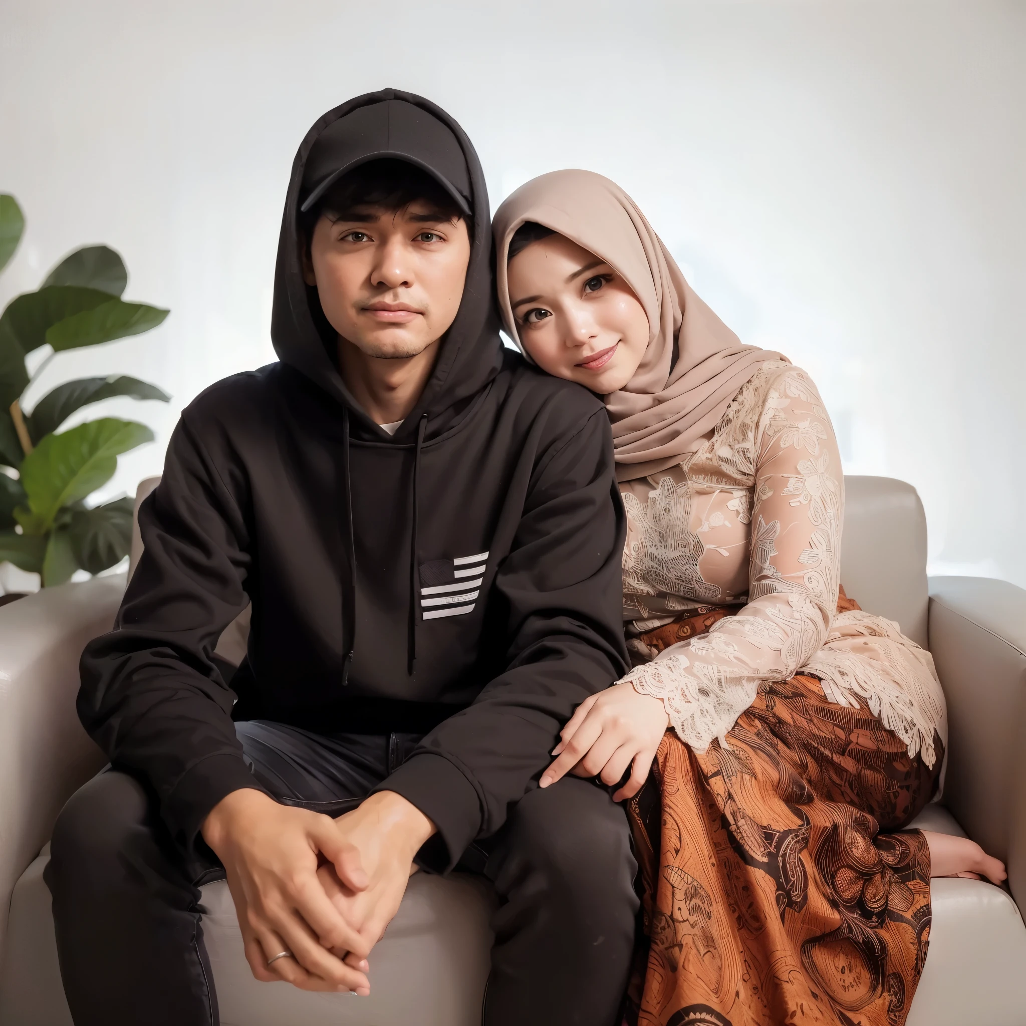 Araf and his wife sitting on a couch in a living room - SeaArt AI