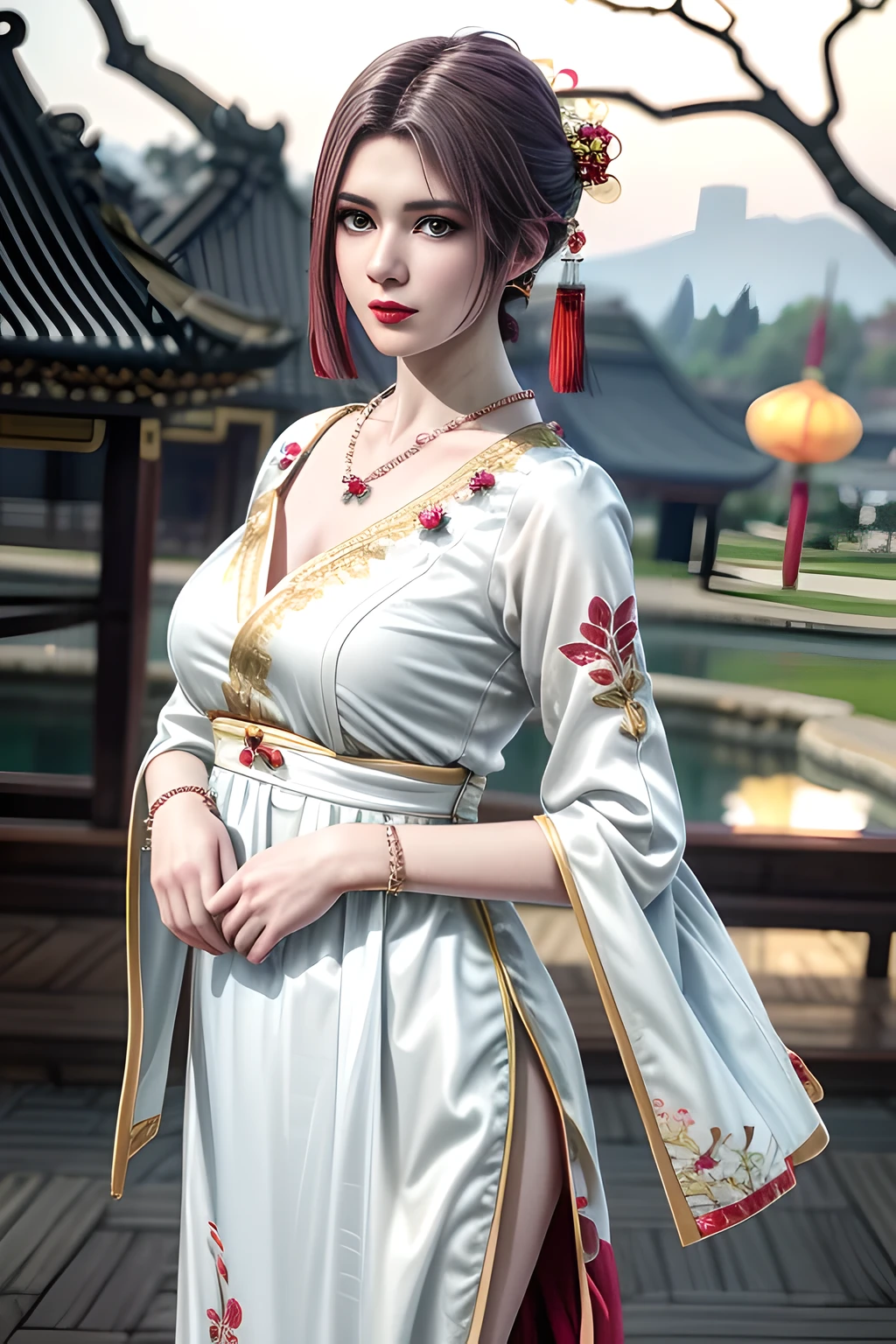 Arafed woman in a white dress and red hair posing for a picture - SeaArt AI