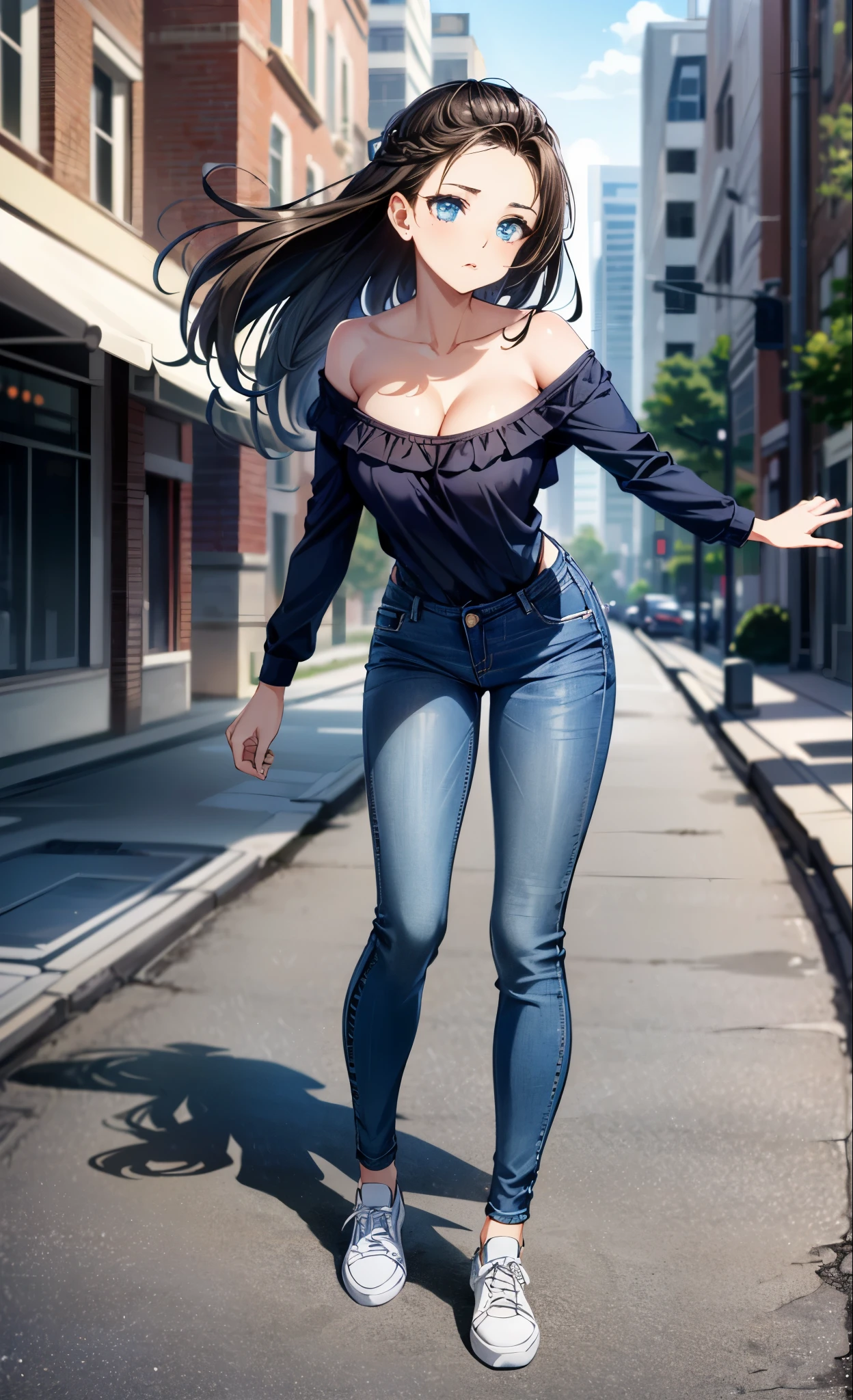 Anime girl in jeans and a top is walking down the street - SeaArt AI