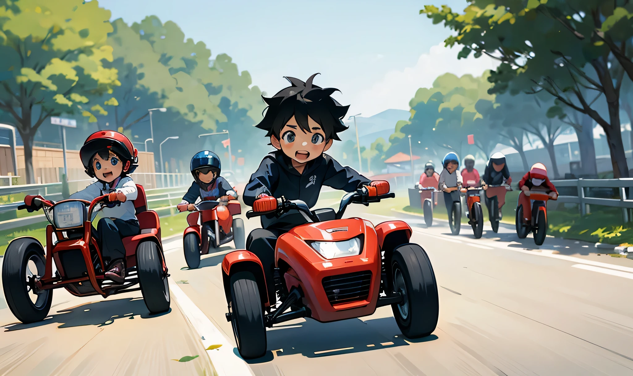 Anime characters riding on four wheelers down a road - SeaArt AI