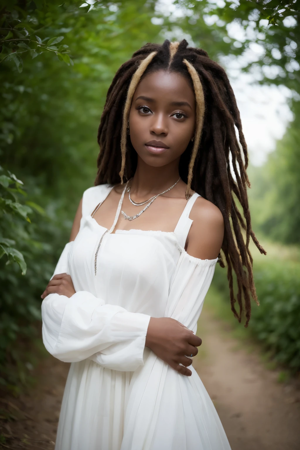 A woman with dreadlocks standing in a path in a white dress - SeaArt AI