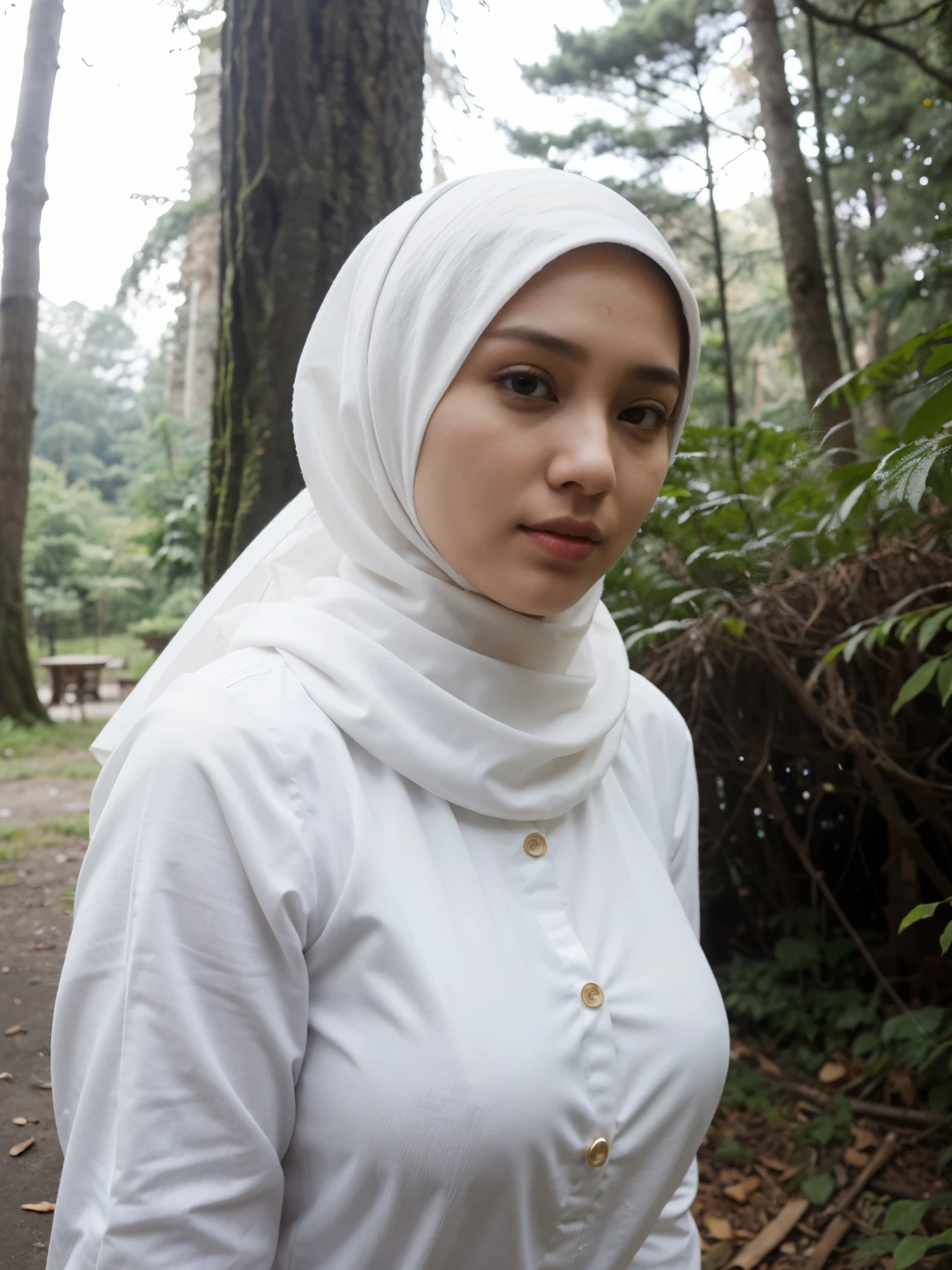 Arafed woman in white shirt and hijab standing in the woods - SeaArt AI