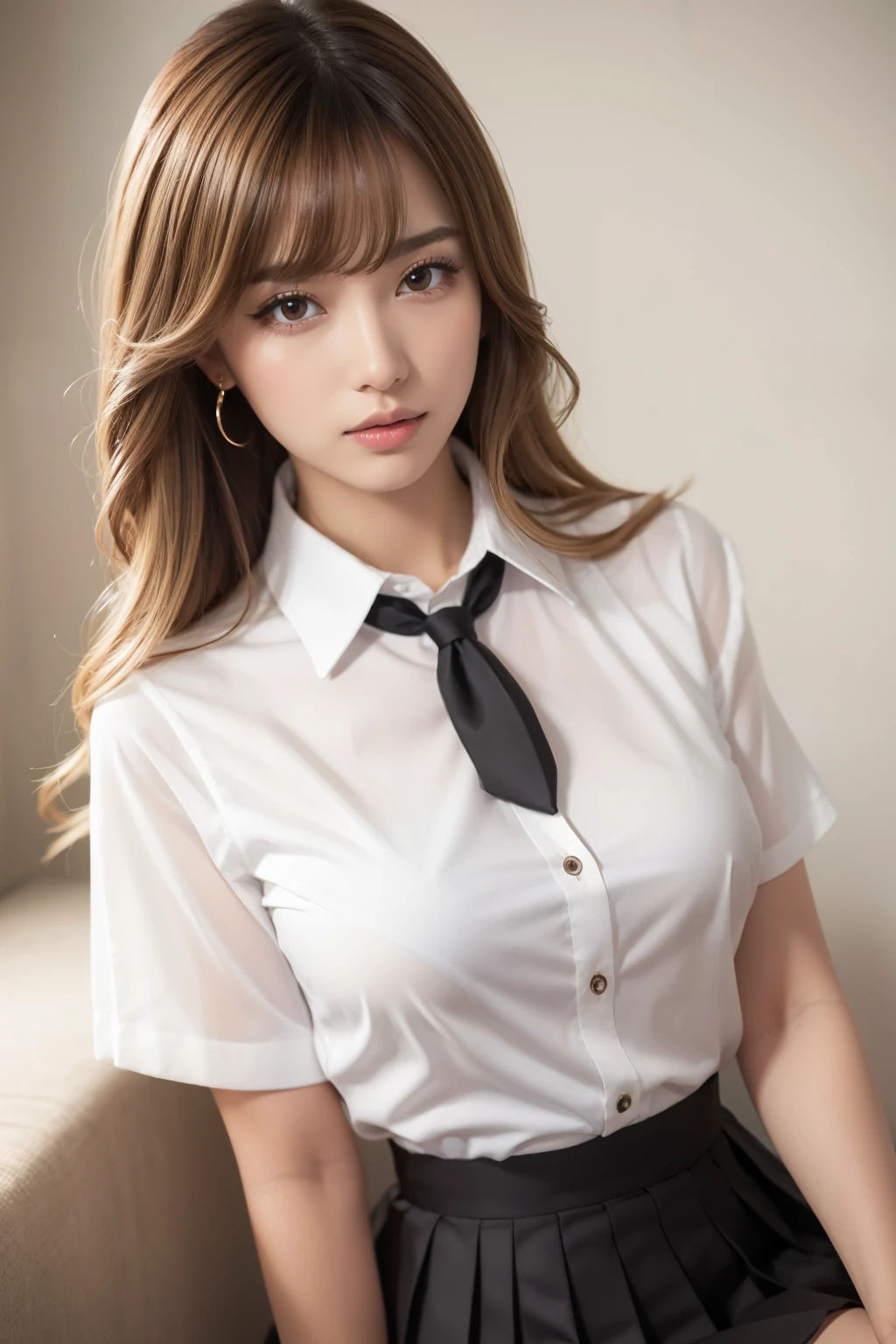 A close up of a woman wearing a white shirt and black skirt - SeaArt AI