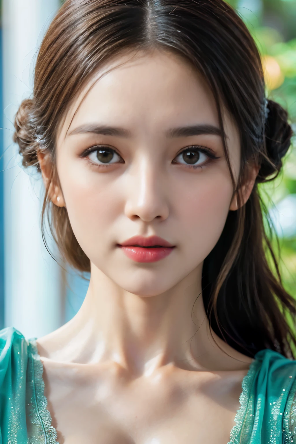 A close up of a woman with a green dress and a green top - SeaArt AI