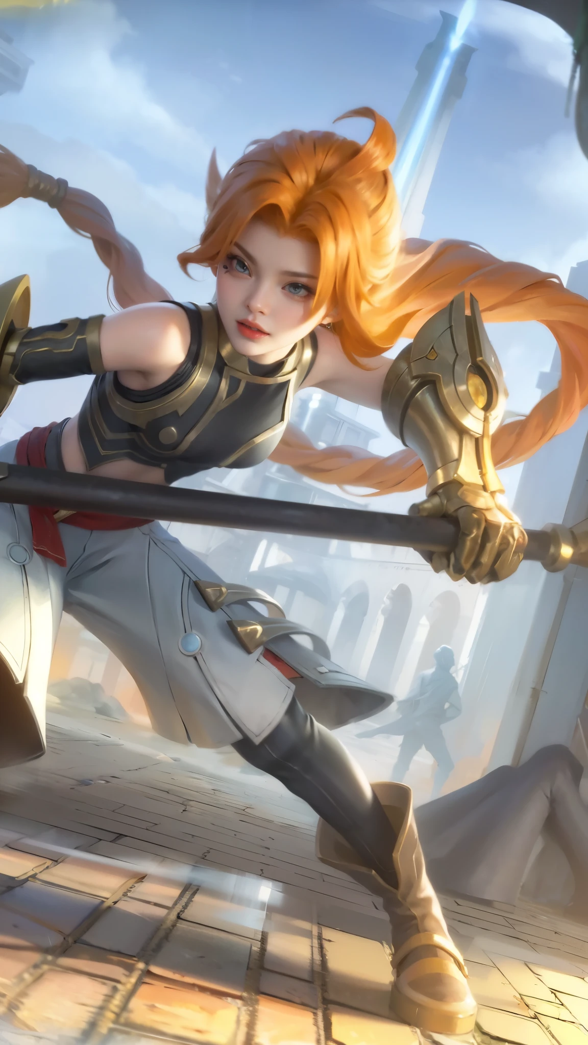 A woman with a sword and armor in a courtyard - SeaArt AI