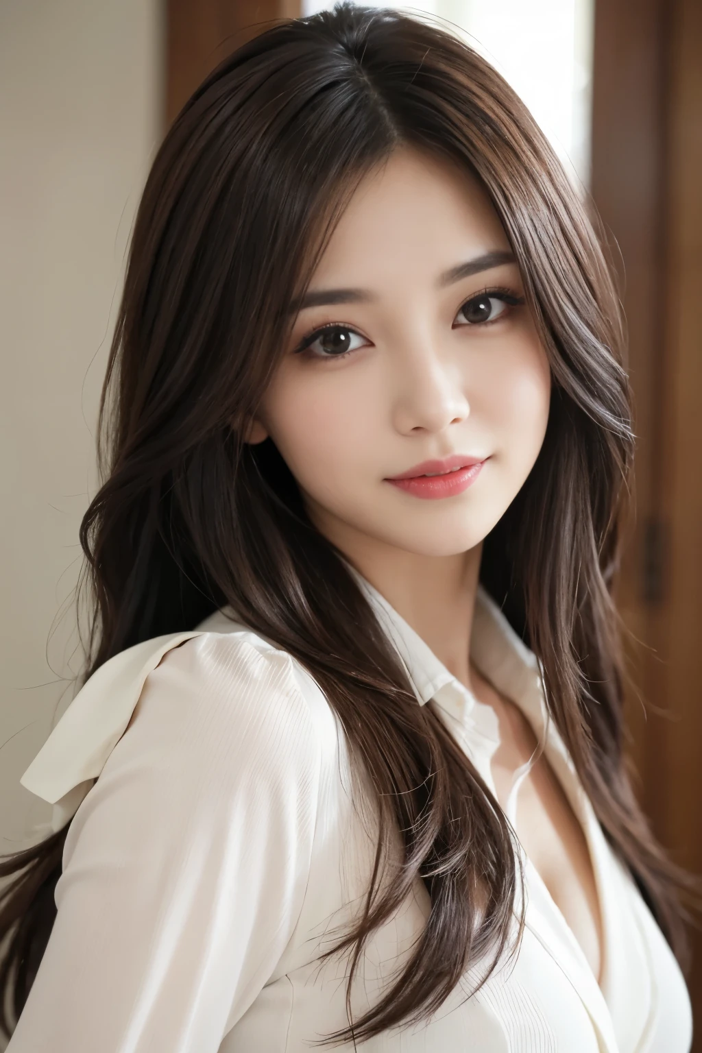 A woman with long hair and a white shirt posing for a picture - SeaArt AI