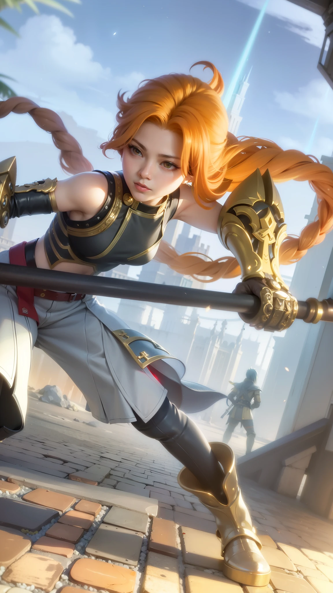 A woman with red hair and a sword in a courtyard - SeaArt AI