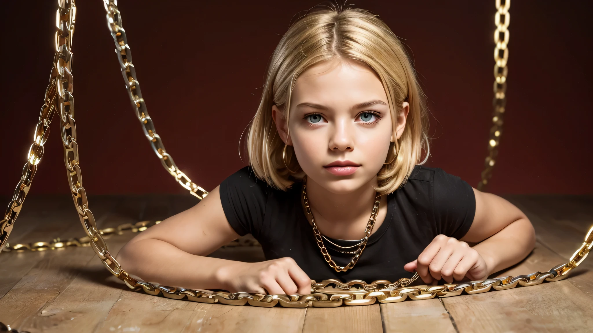 Arafed image of a young girl sitting on a wooden floor with a chain ...