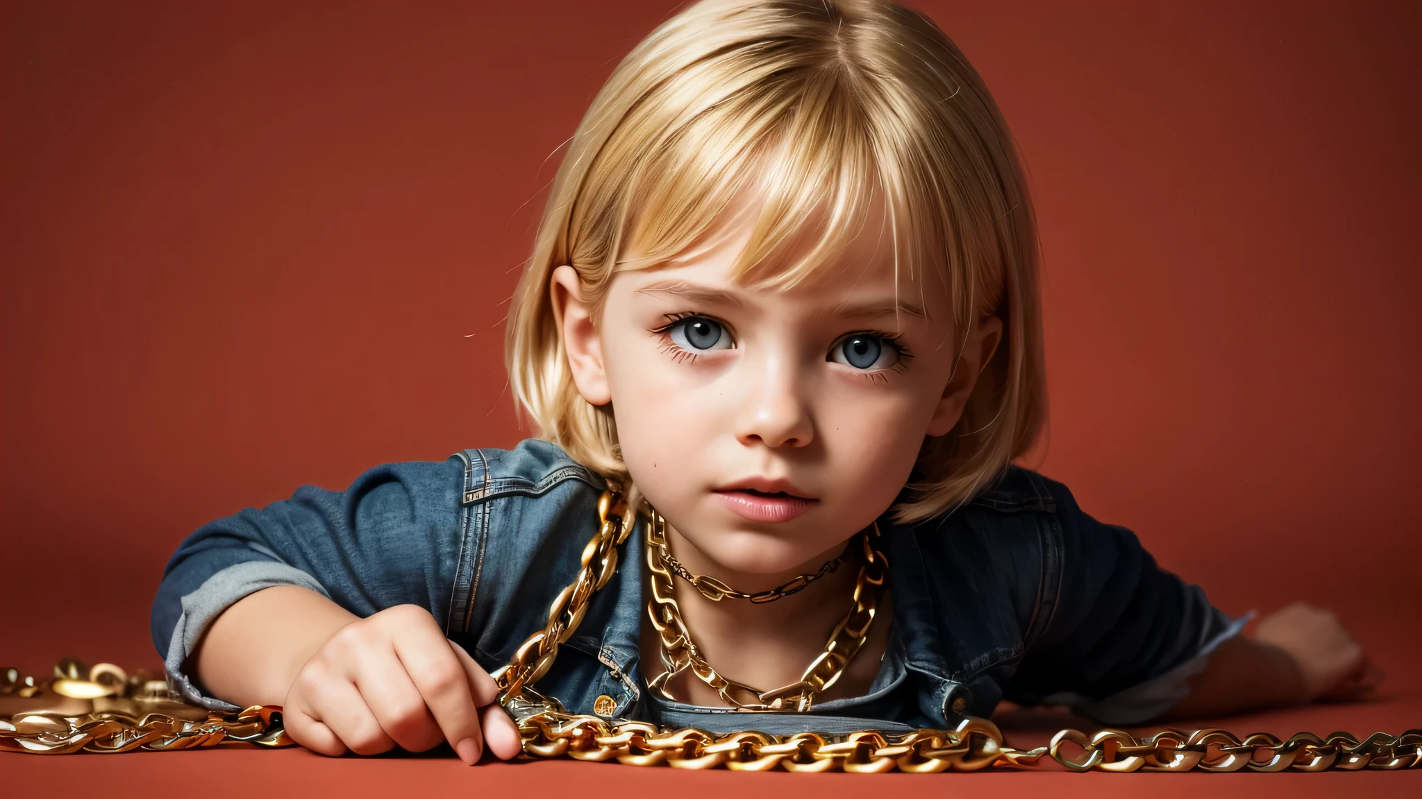 Arafed image of a young girl sitting on a wooden floor with a chain ...